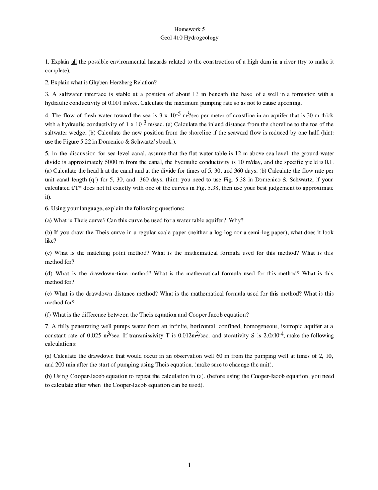 Homework 5 Questions For Hydrogeology Geol 410 Docsity