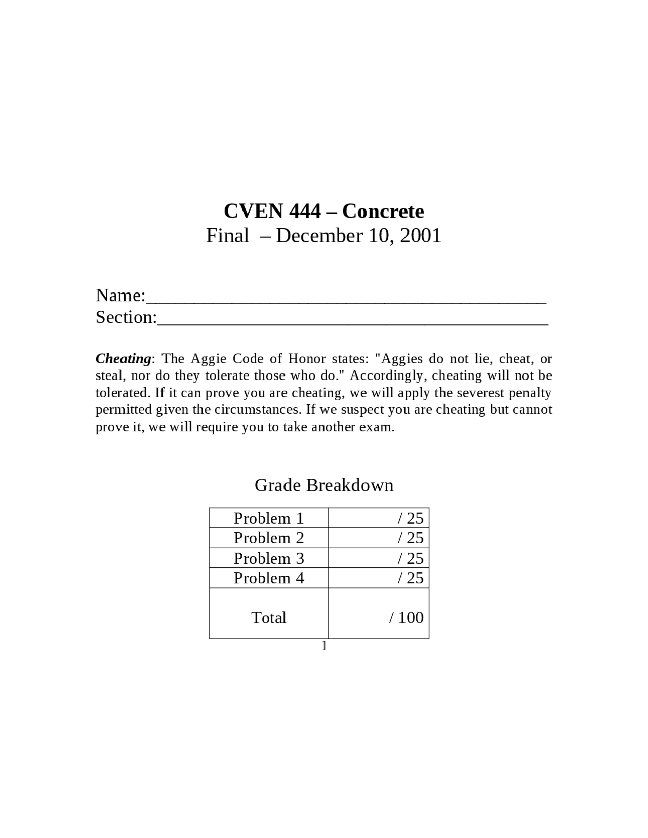 Final Exam Structural Concrete Design Fall 2001 Cven 444 Docsity