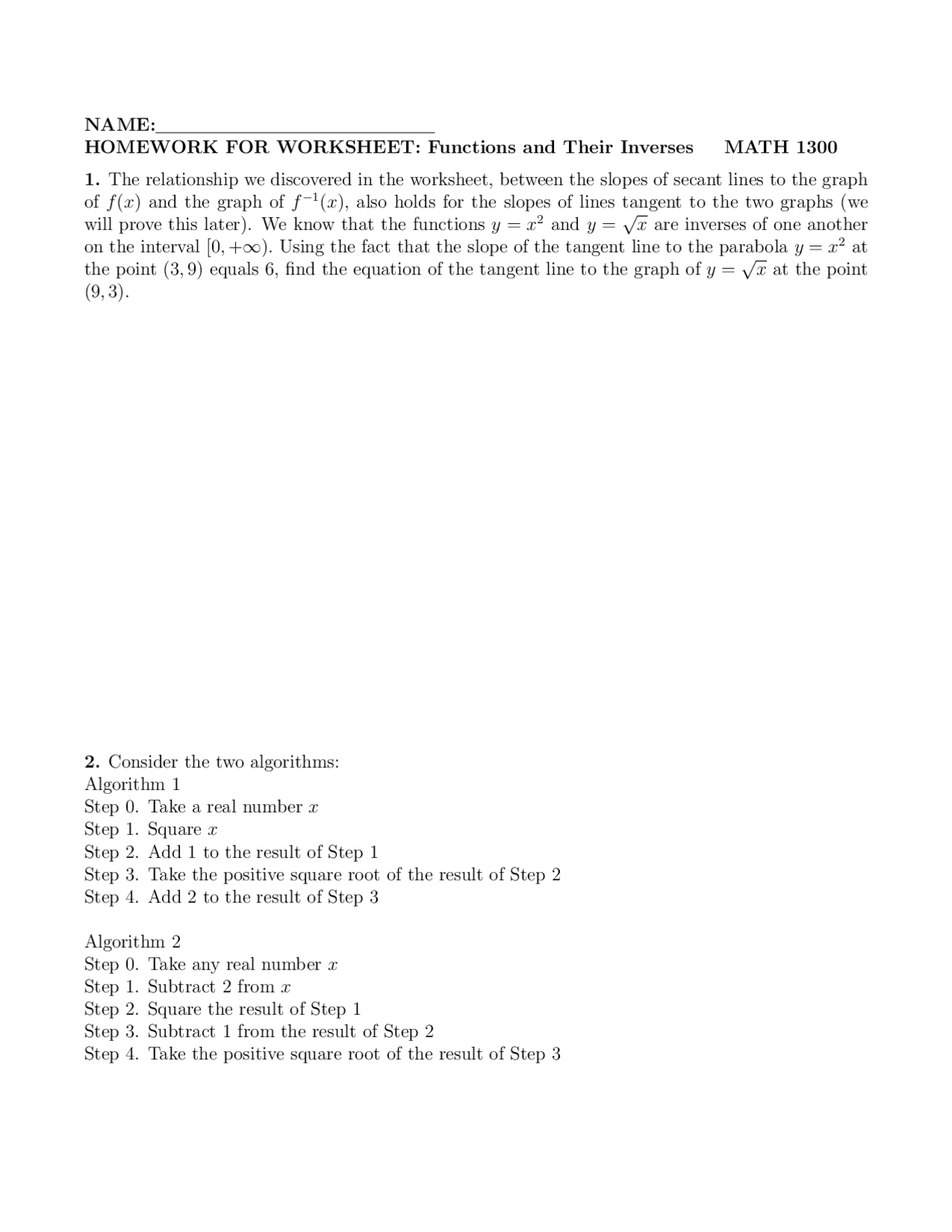 Homework - Function and their Inverse - Analytic Geometry and Calculus ...