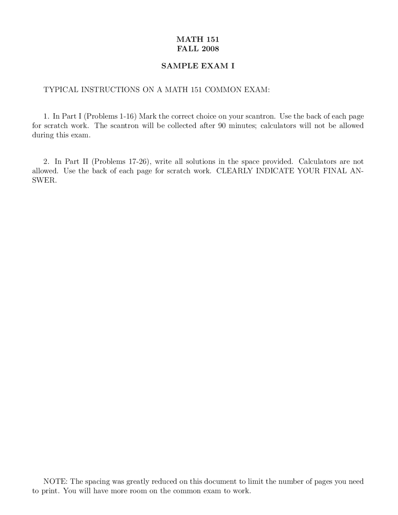 Sample Exam 1 Fall 2008 Engineering Mathematics Ii Math 151 Docsity