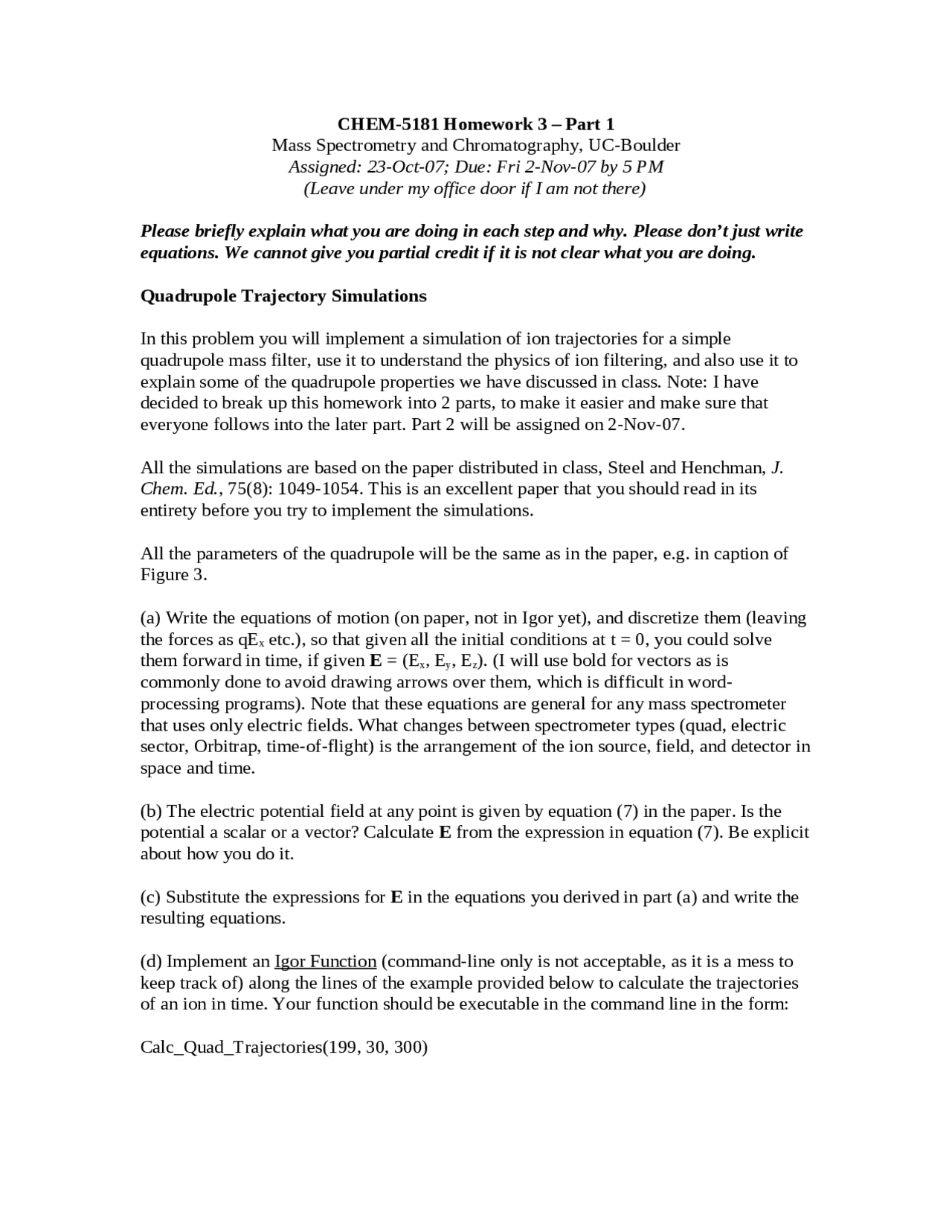 Quadrupole Trajectory Simulations Homework 3 Chem 5181 Docsity