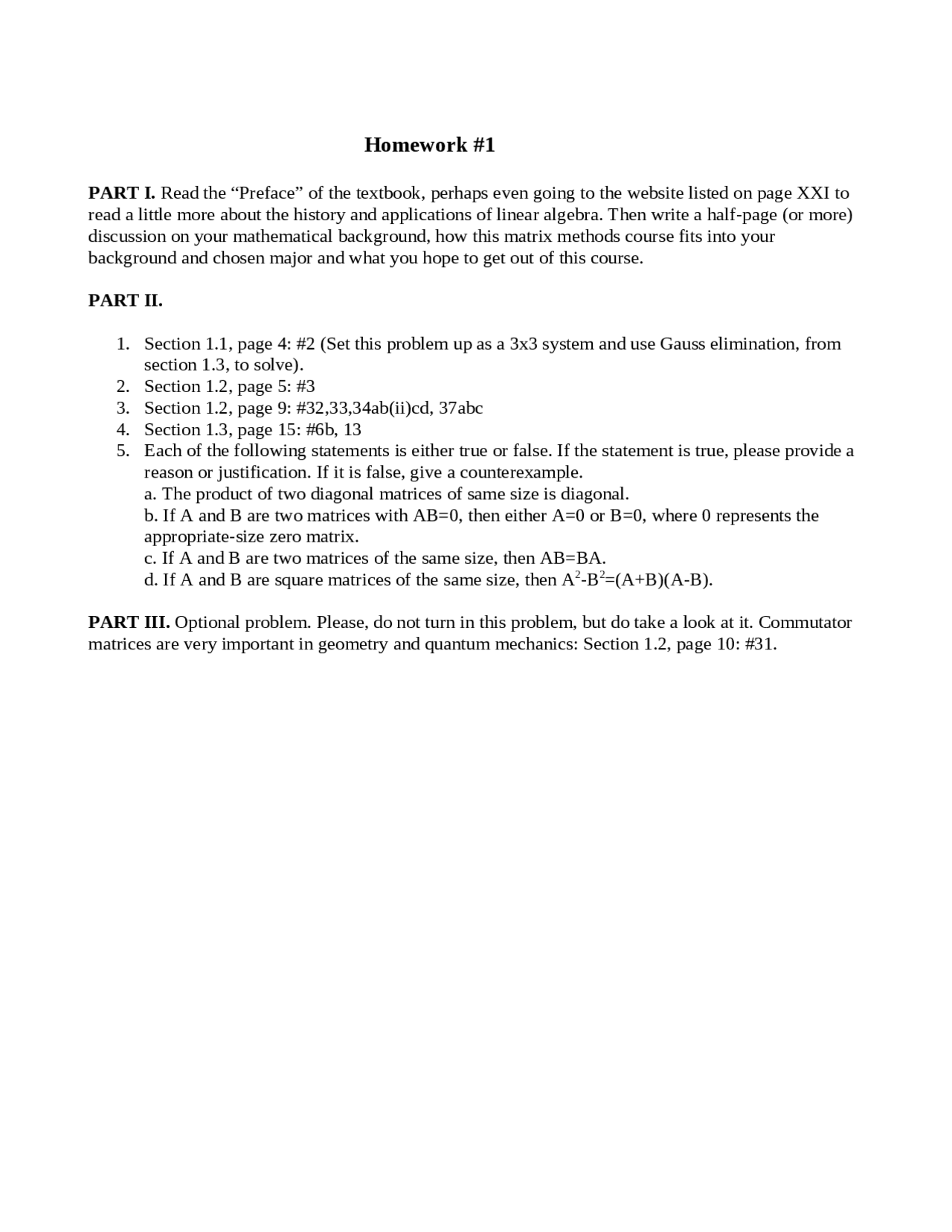 Homework 1 Problems Matrix Methods And Applications Appm 3310 Docsity