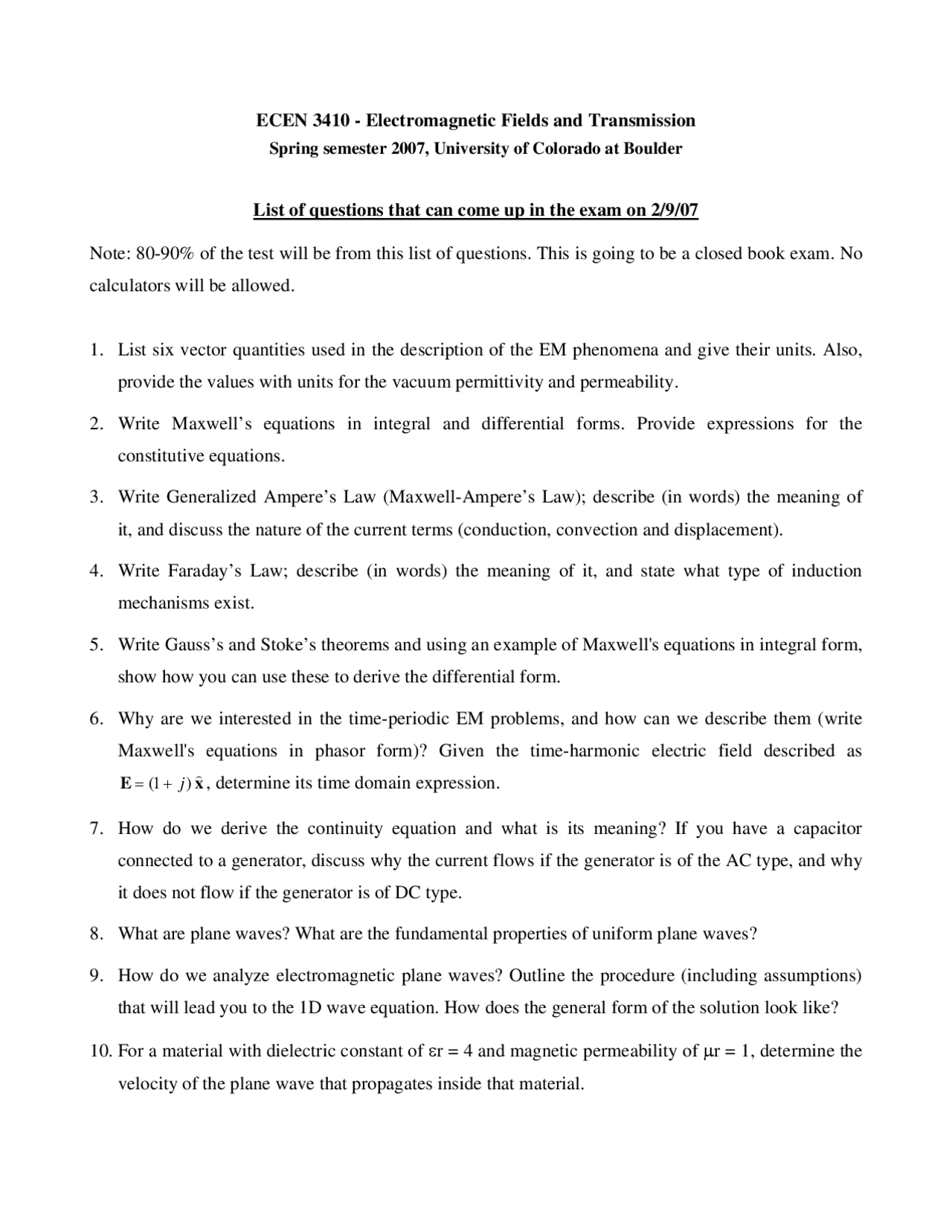 18 Questions On Electromagnetic Waves And Transmission Ecen 3410
