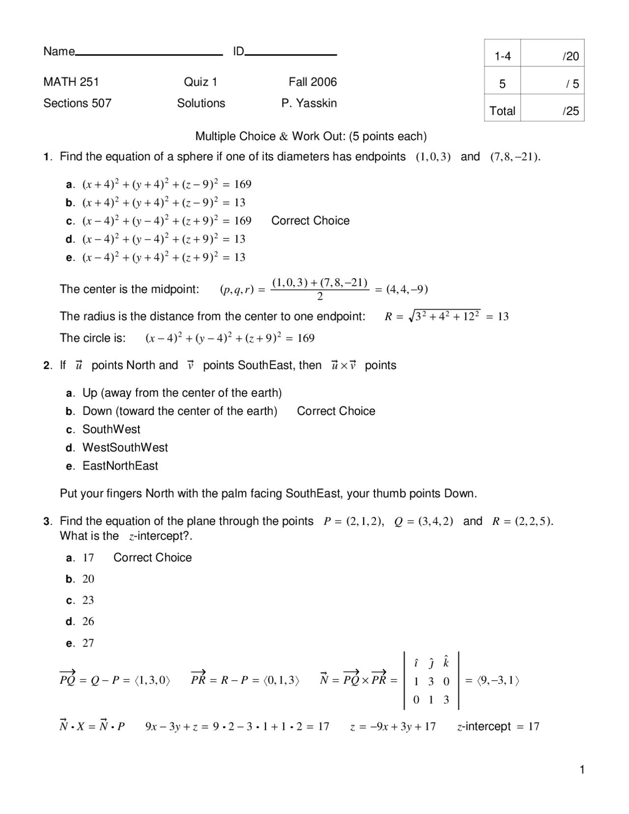 Solution To Quiz 1 Honor Engineering Mathematics I Math 251 Docsity