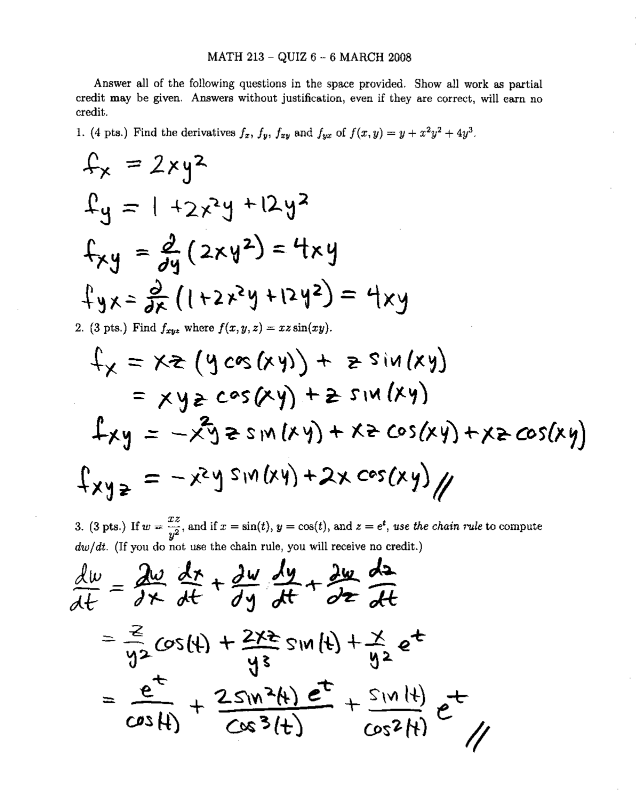 3 Questions of Derivatives with Solution - Quiz 6 | MATH 213 | Quizzes Analytical Geometry and ...