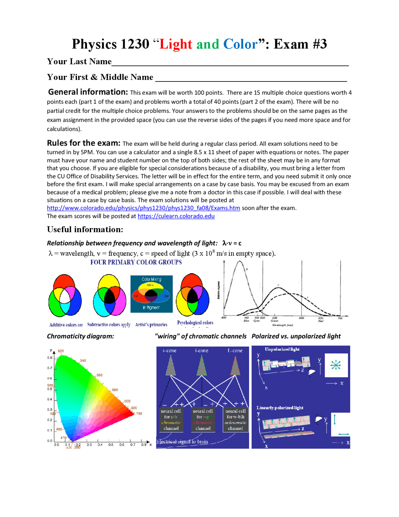 Exam 3 Light And Color Light And Color For Nonscientists Phys 1230