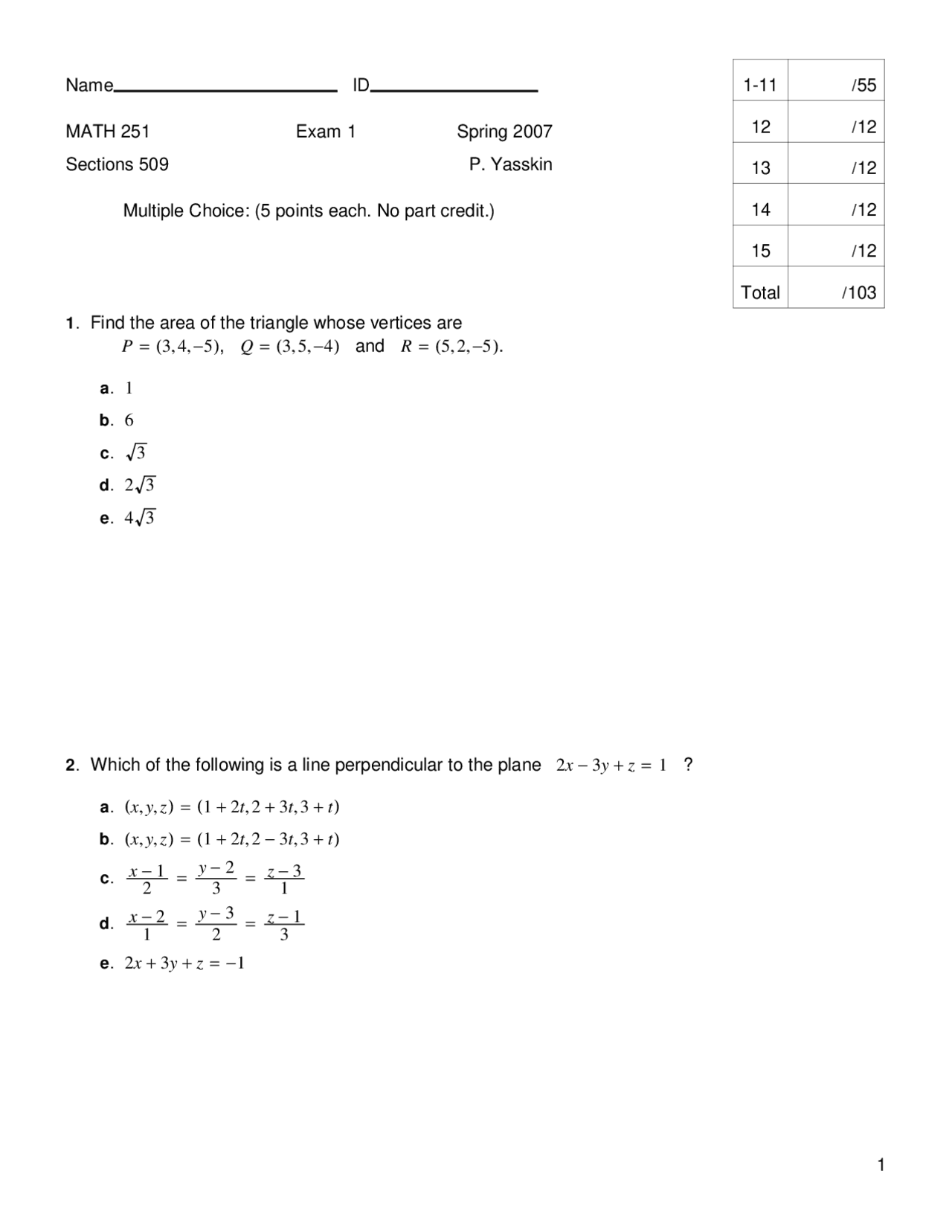 Questions Of Engineering Mathematics Iii Examination 1 Math 251
