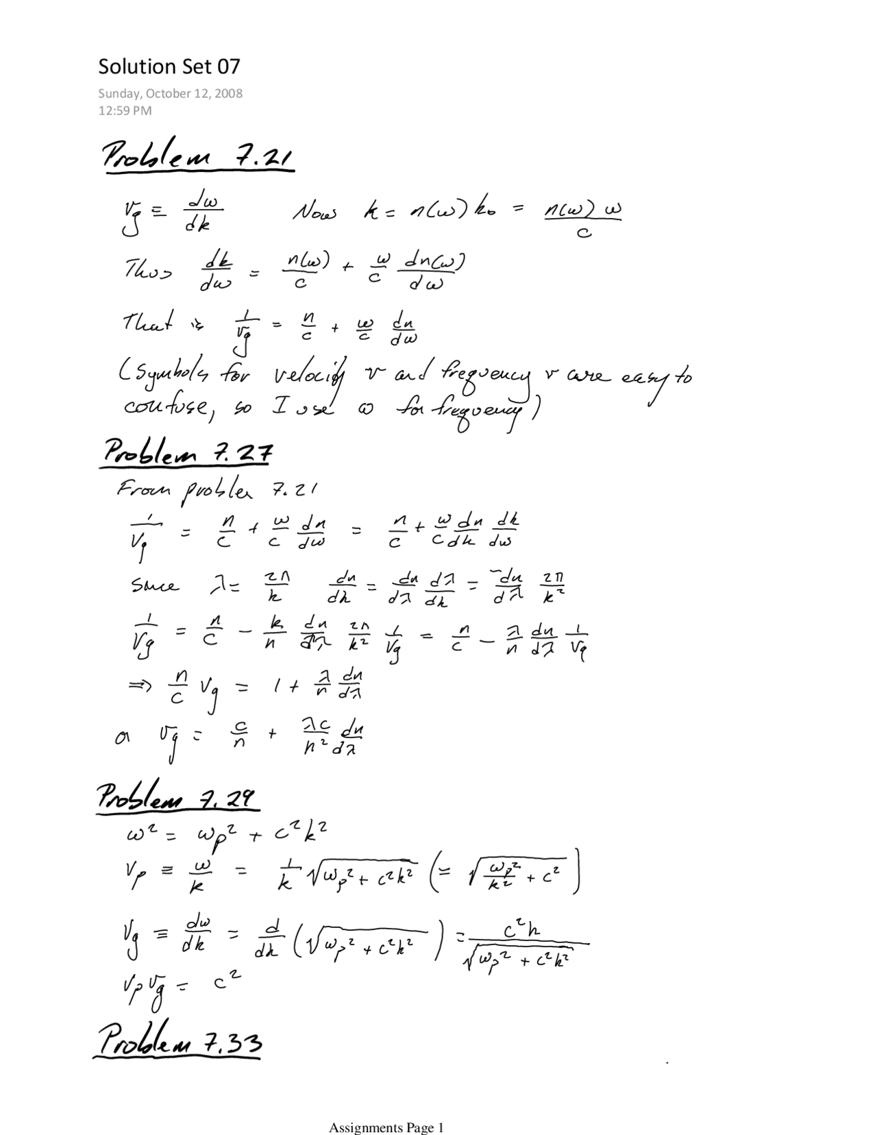 Problem Set 7 With Solutions Optics Phys 4510 Assignments Optics