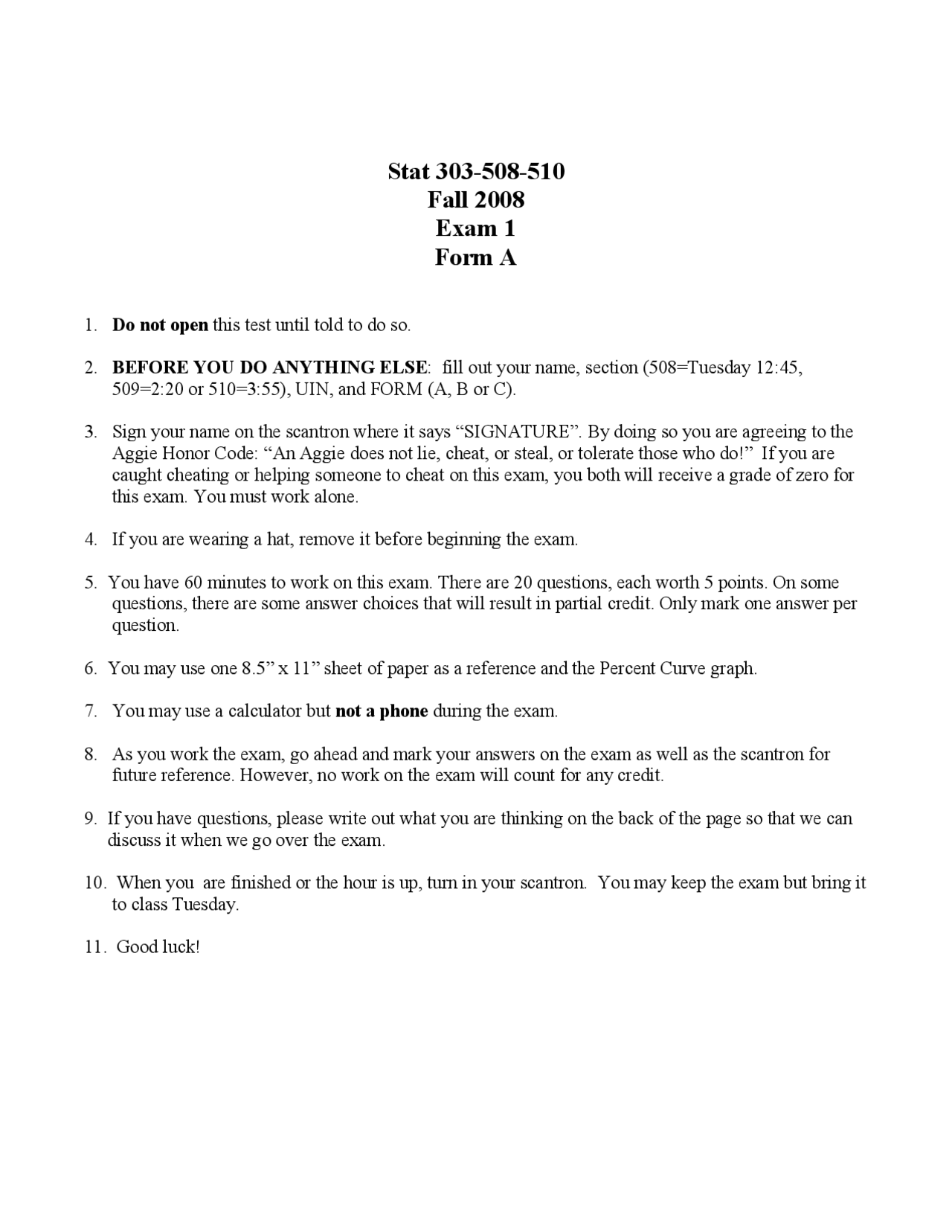 Exam 1 Form A Statistical Methods Stat 303 Docsity