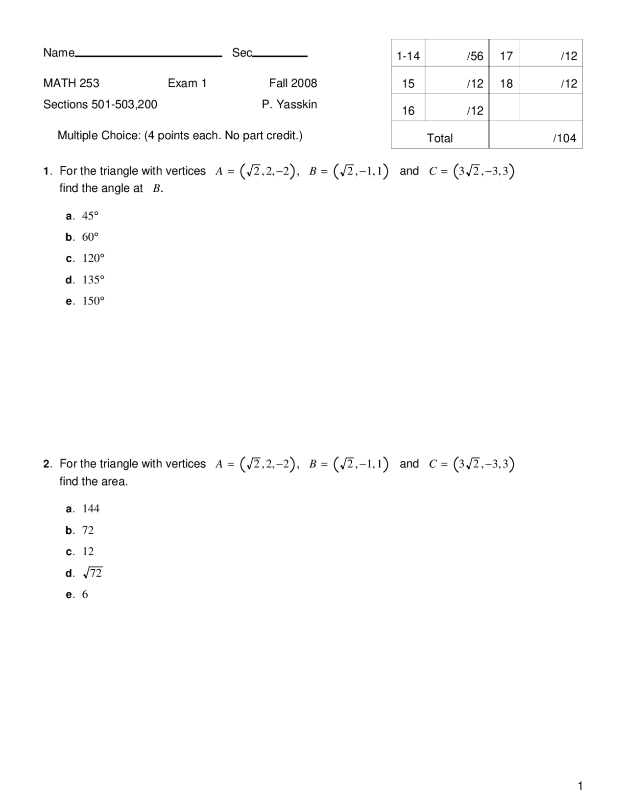 Practice Exam 1 Honor Engineering Mathematics Iii Math 253 Docsity