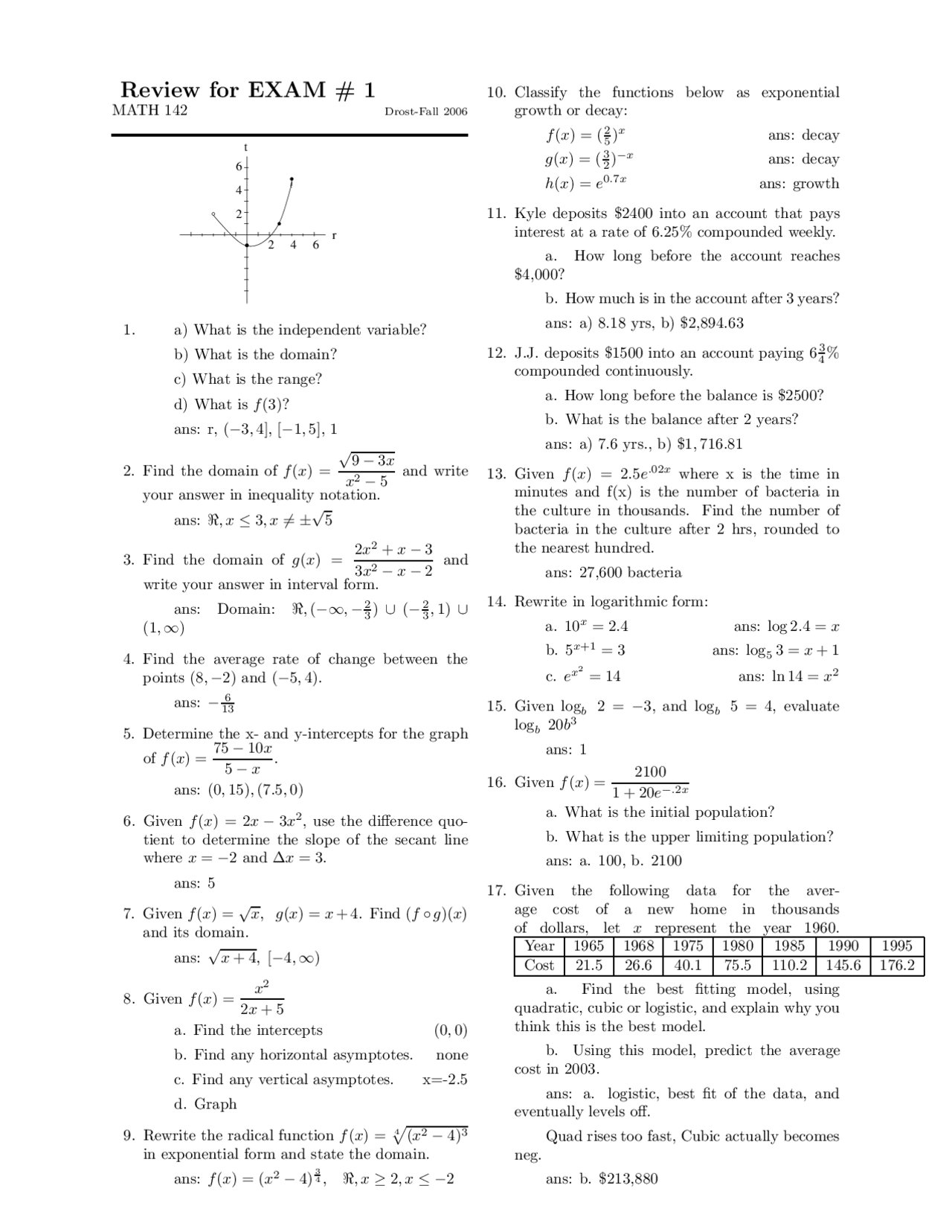Business Mathematics Ii Review Sheet For Exam 1 Math 142 Docsity
