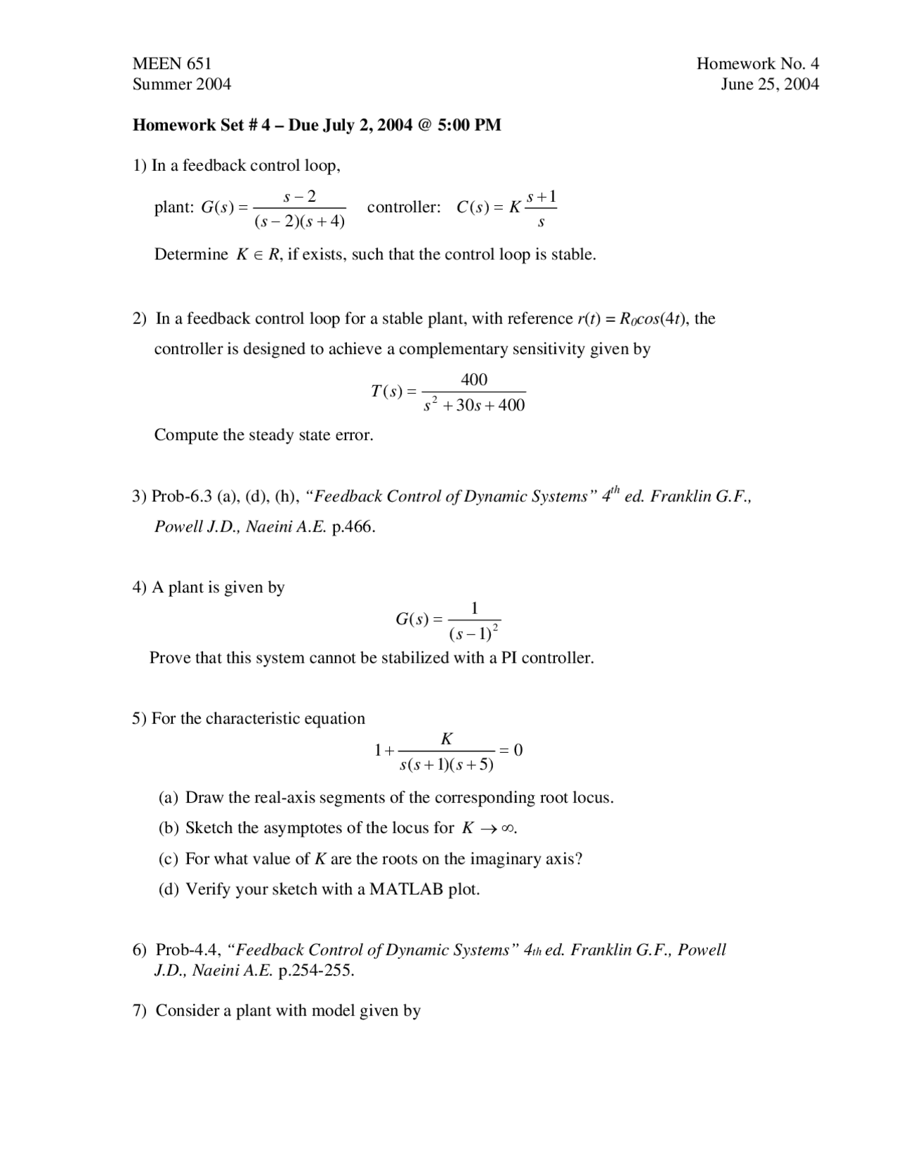 7 Problems On Feedback Control Of Dynamic System Assignment 4 Meen