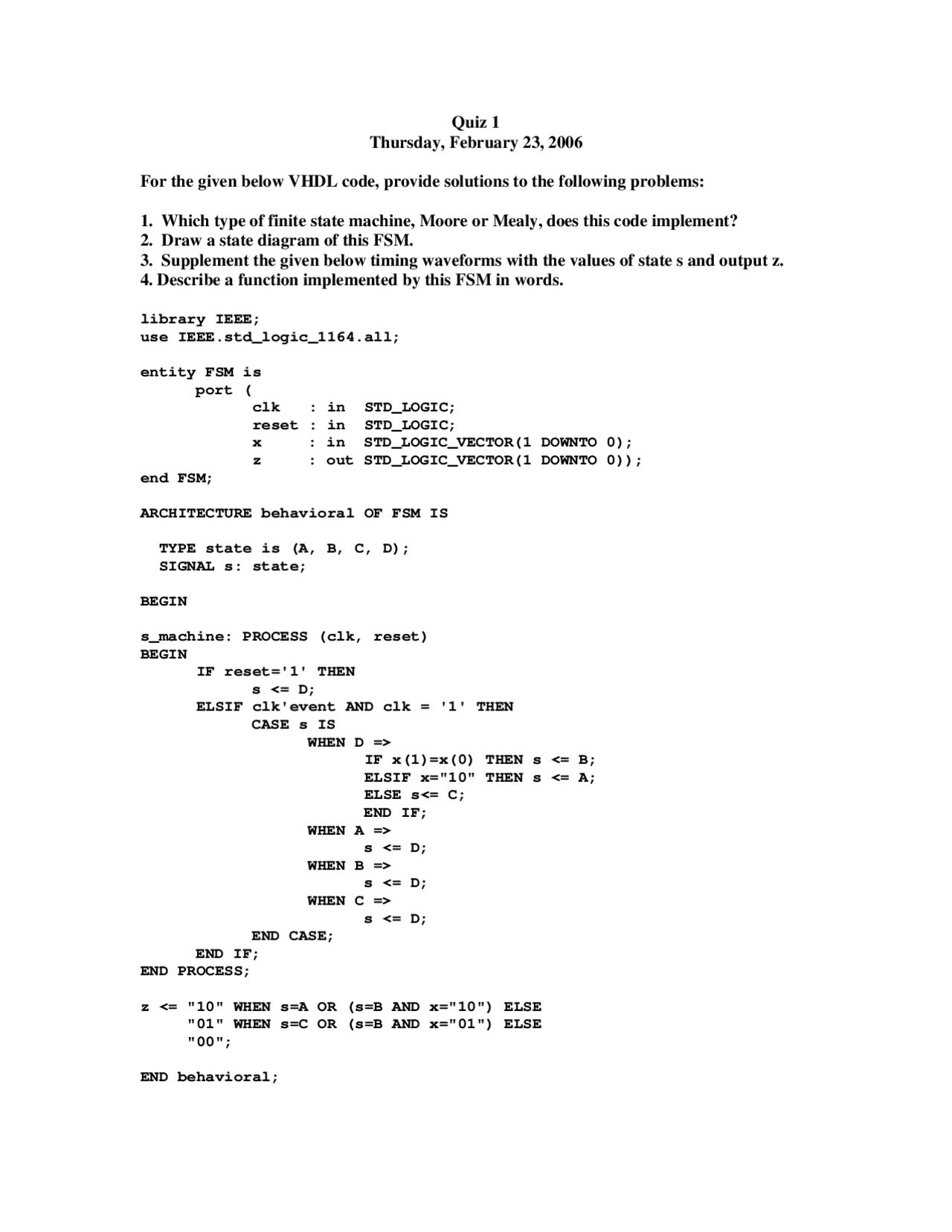 4 Questions On Fpga And Asic Design With Vhdl With Solution Quiz