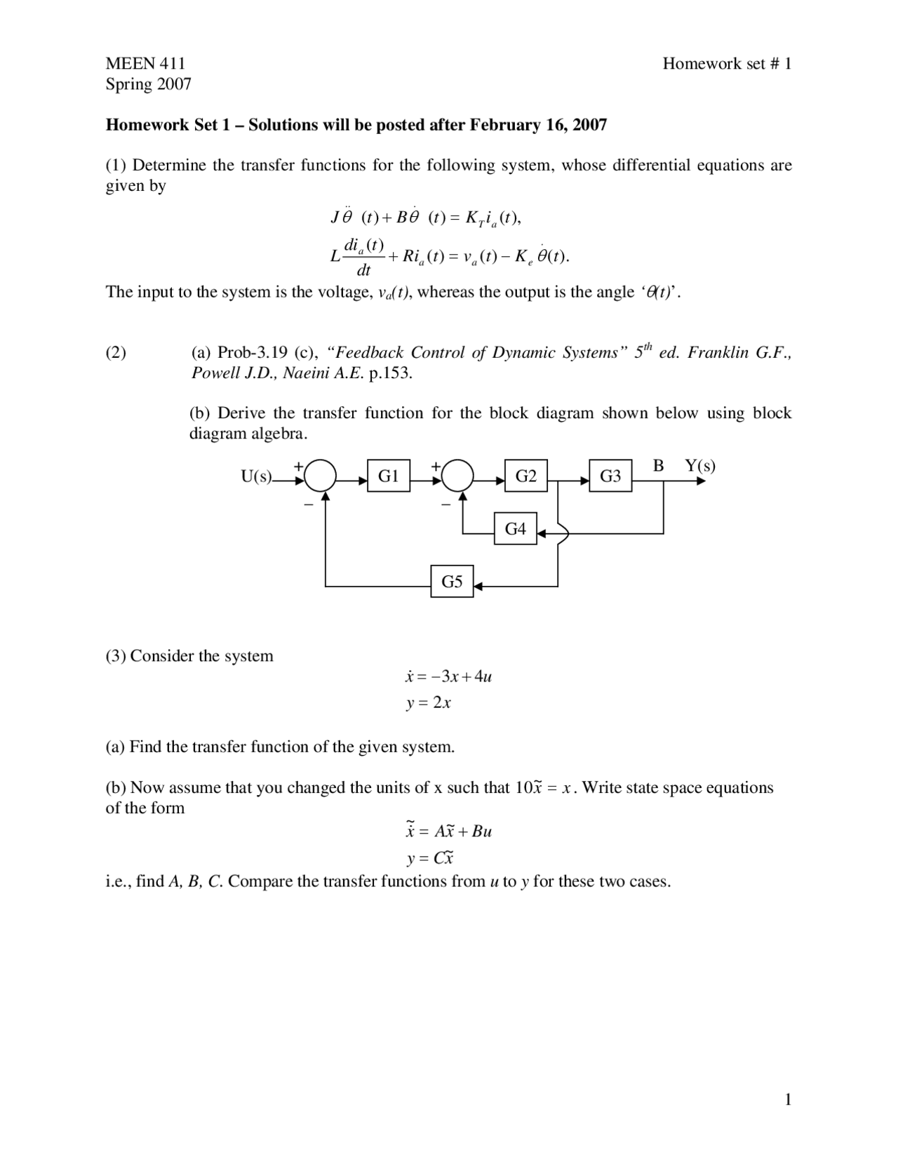 8 Problems on Mechanical Controls - Homework 1 | MEEN 411 | Assignments Ingeniería Mecánica ...
