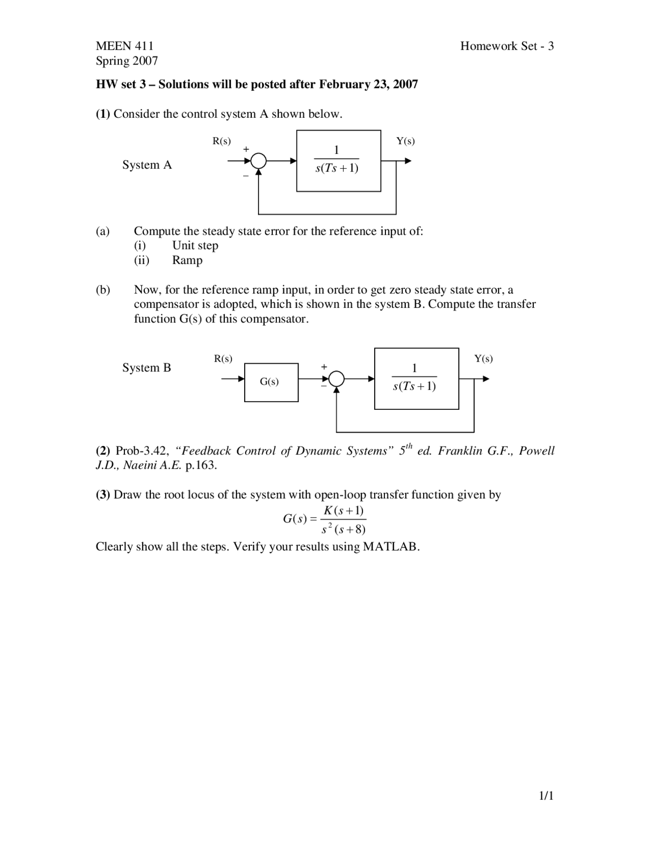 Solutions to Homework Set 3 | Mechanical Controls | MEEN 411 - Docsity