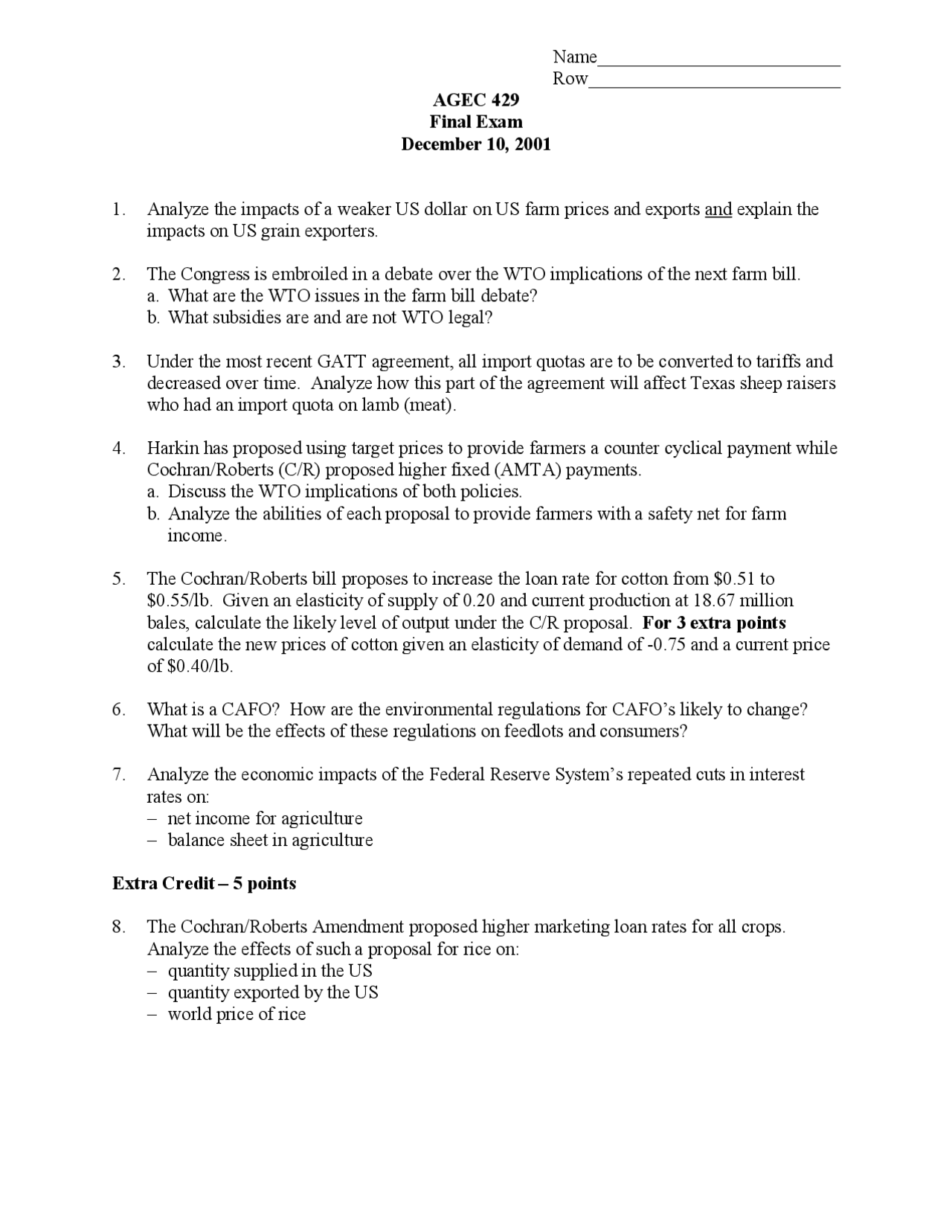8 Questions On Agricultural Policy Final Examination Fall 2001