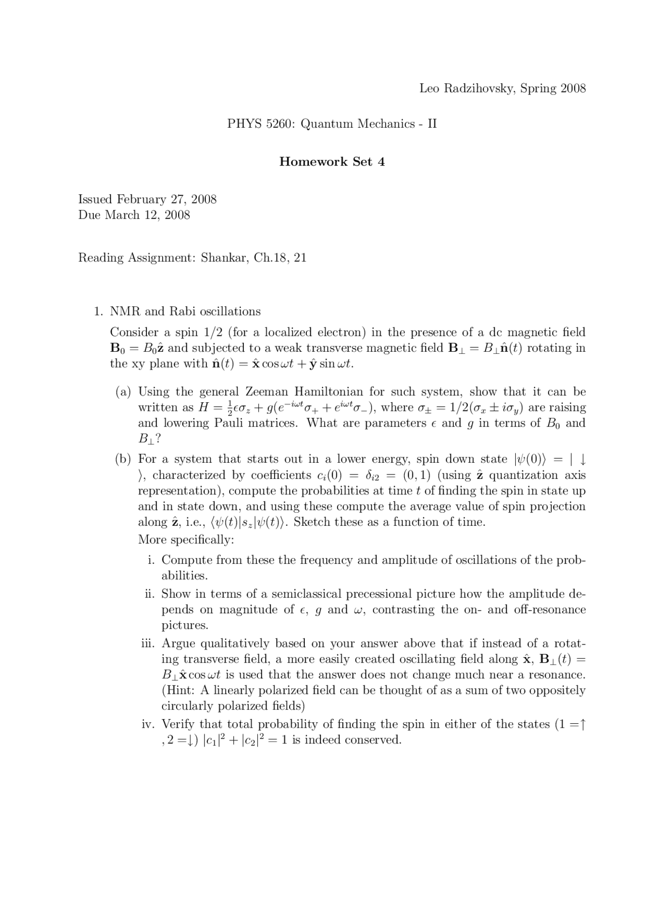 Introduction to Quantum Mechanics 1 - Homework Set 4 | PHYS 5260 - Docsity