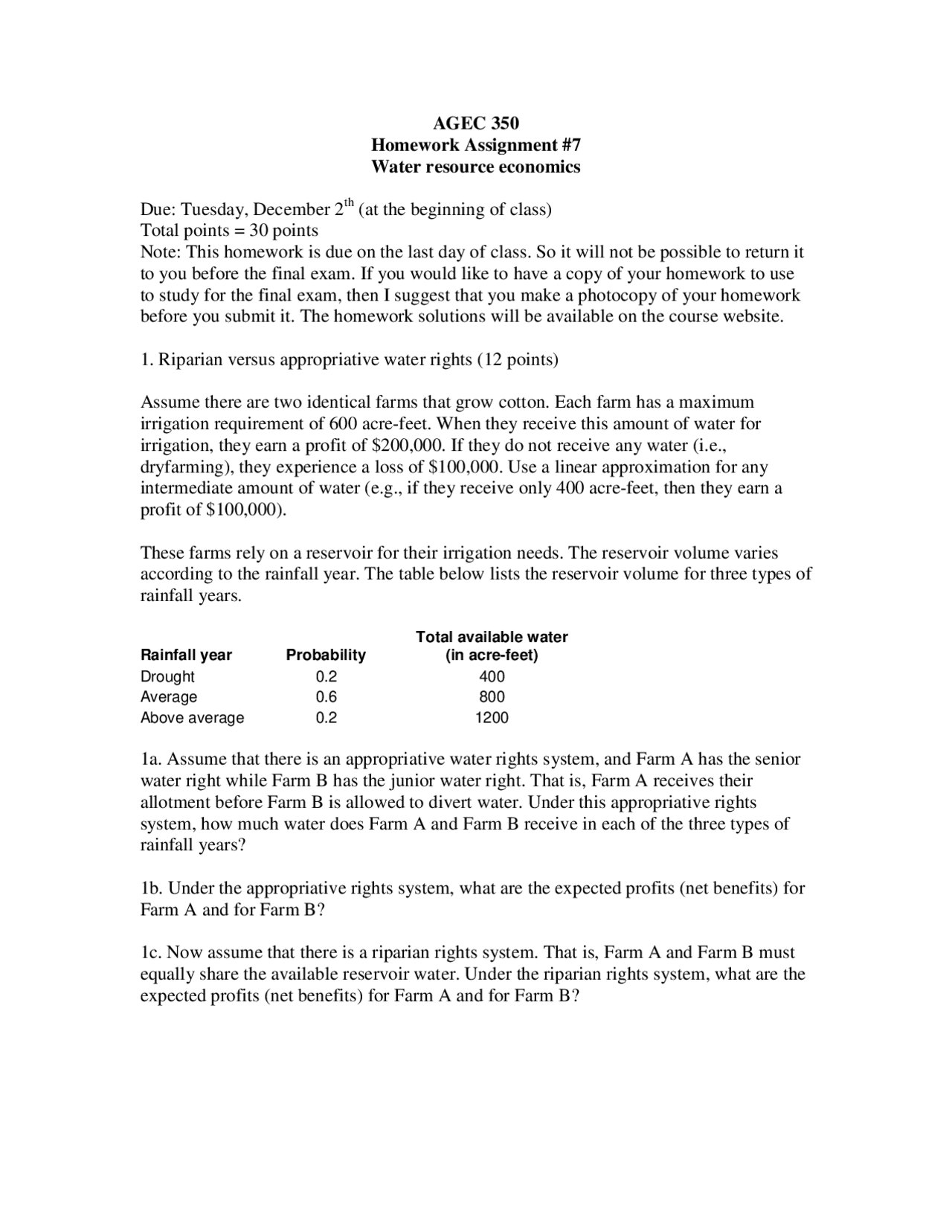 Water Resource Economics Homework 7 Agec 350 Docsity