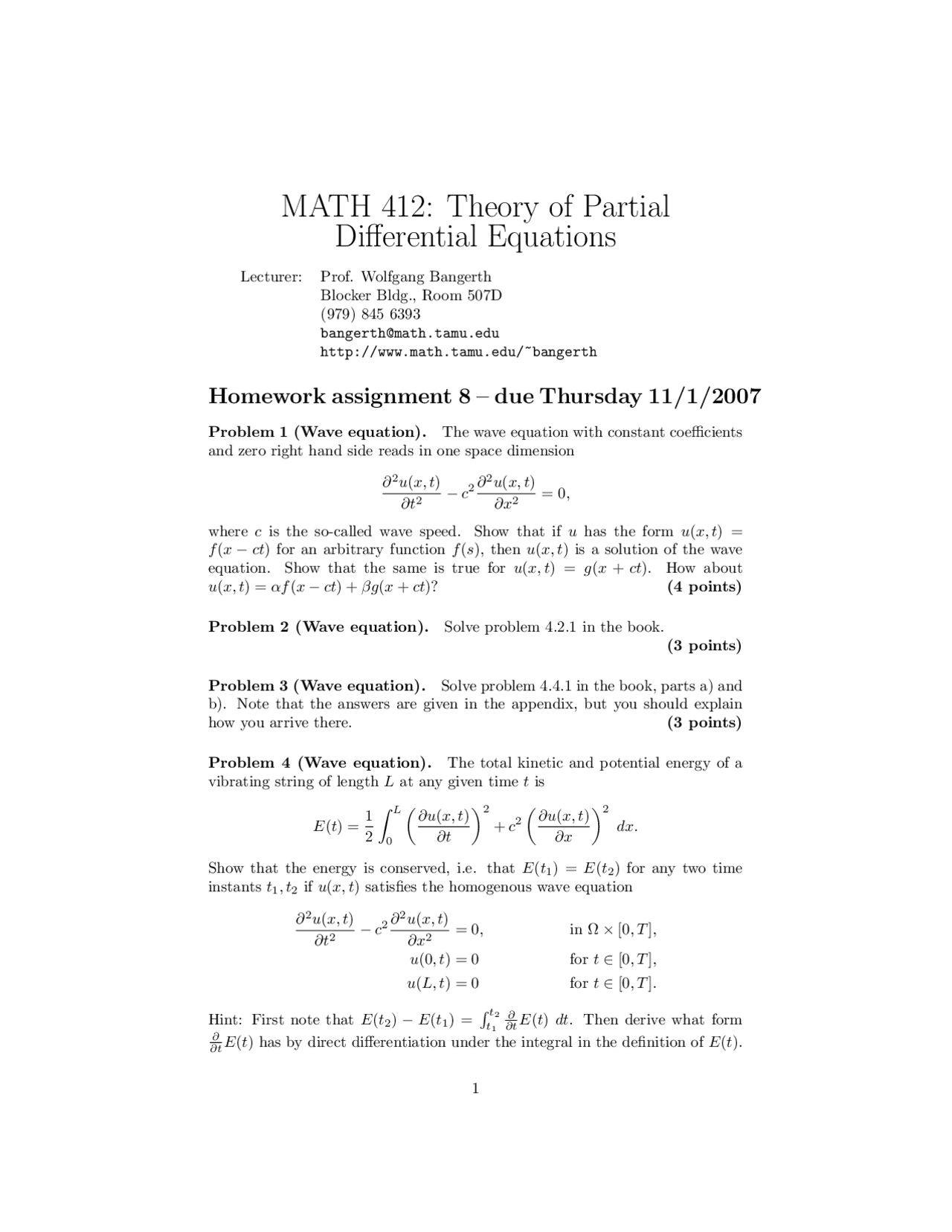 5 Solved Problems on the Wave Equations - Assignment 8 | MATH 412 - Docsity