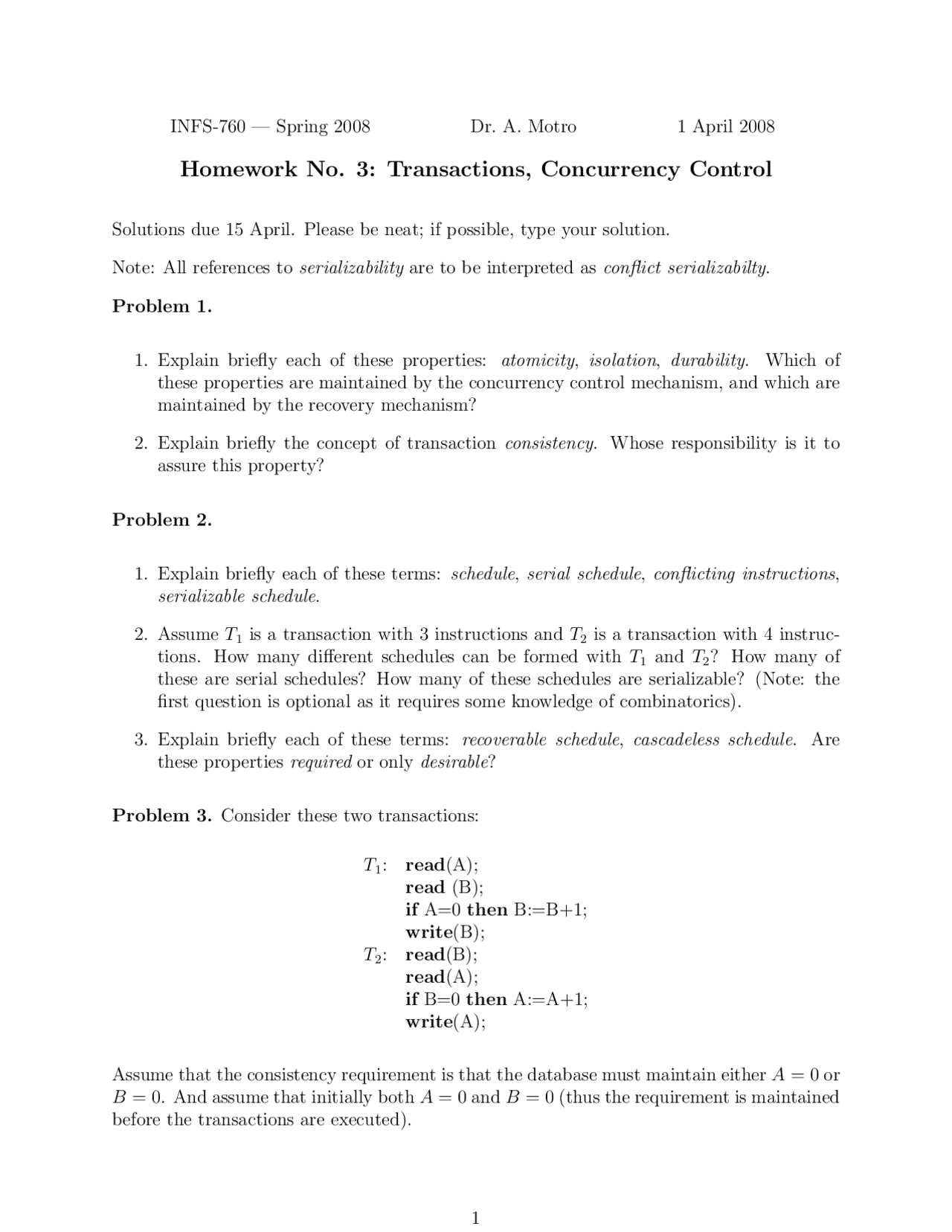 Homework Information Systems Transactions Concurrency Control Docsity