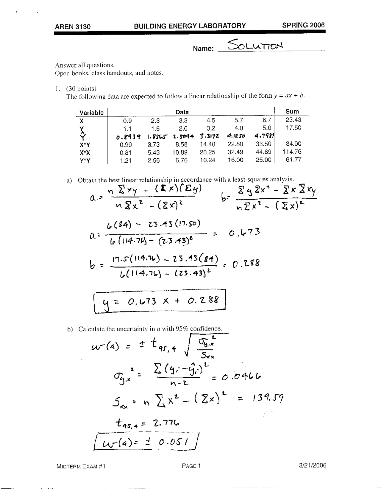 Midterm Exam I Solutions Building Energy Laboratory Aren 3130 Docsity