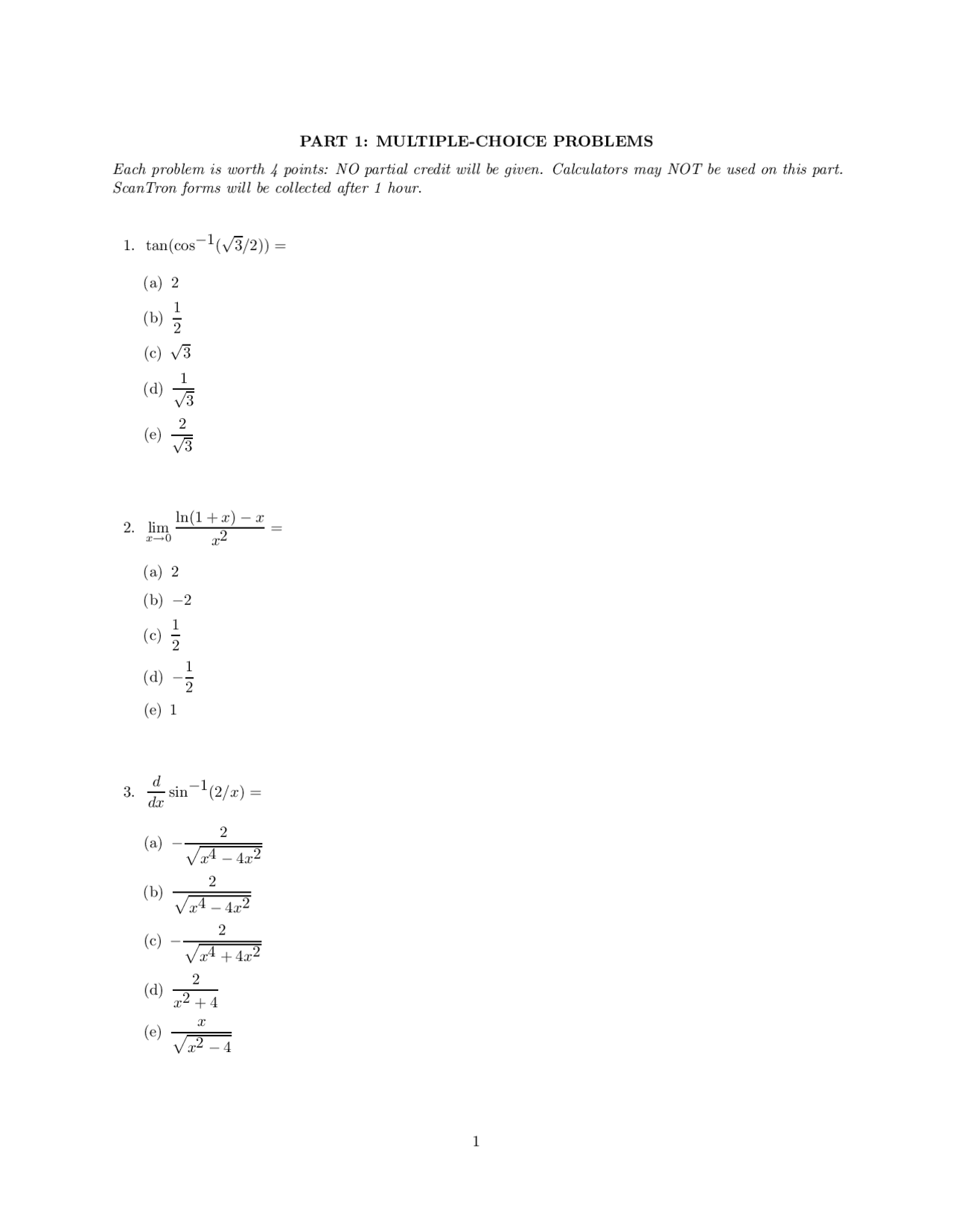 Multiple Choice Questions Honor Engineering Mathematics I Math 151