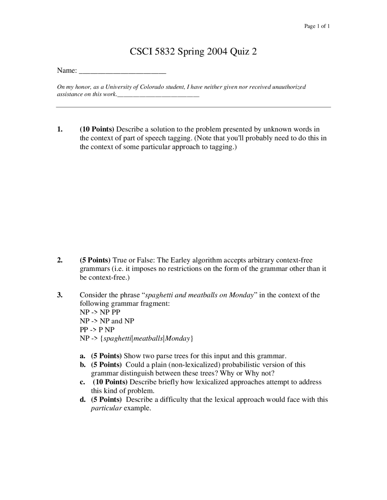 Natural Language Processing Quiz 2 Problems Csci 5832 Docsity