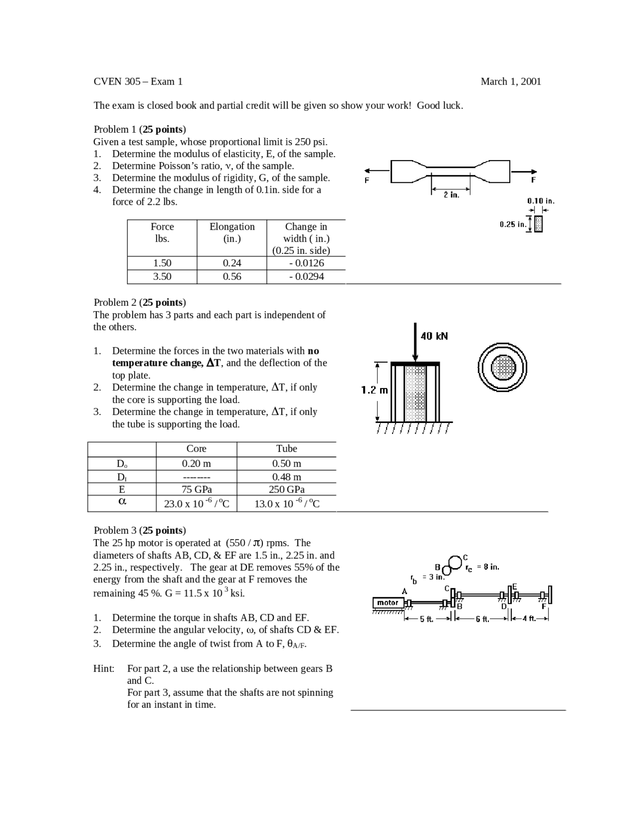 Mechanics of Materials Exam 1: 4 Problems to Solve | CVEN 305 - Docsity