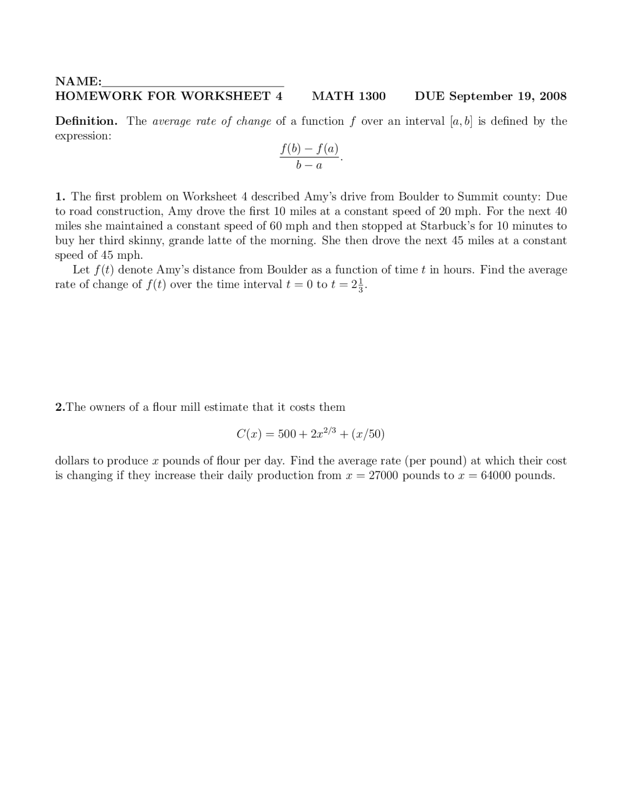 Analytic Geometry And Calculus 1 Homework For Worksheet 4 Math 1300 Docsity