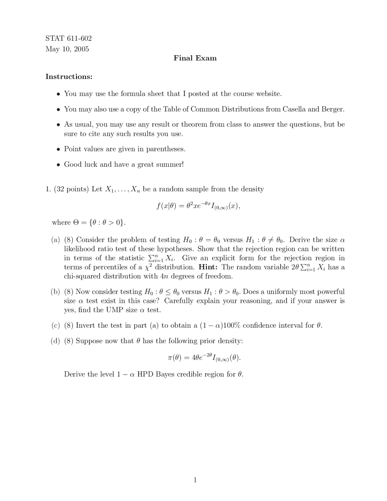 4 Questions For Theory Of Inference Final Exam Stat 611 Docsity