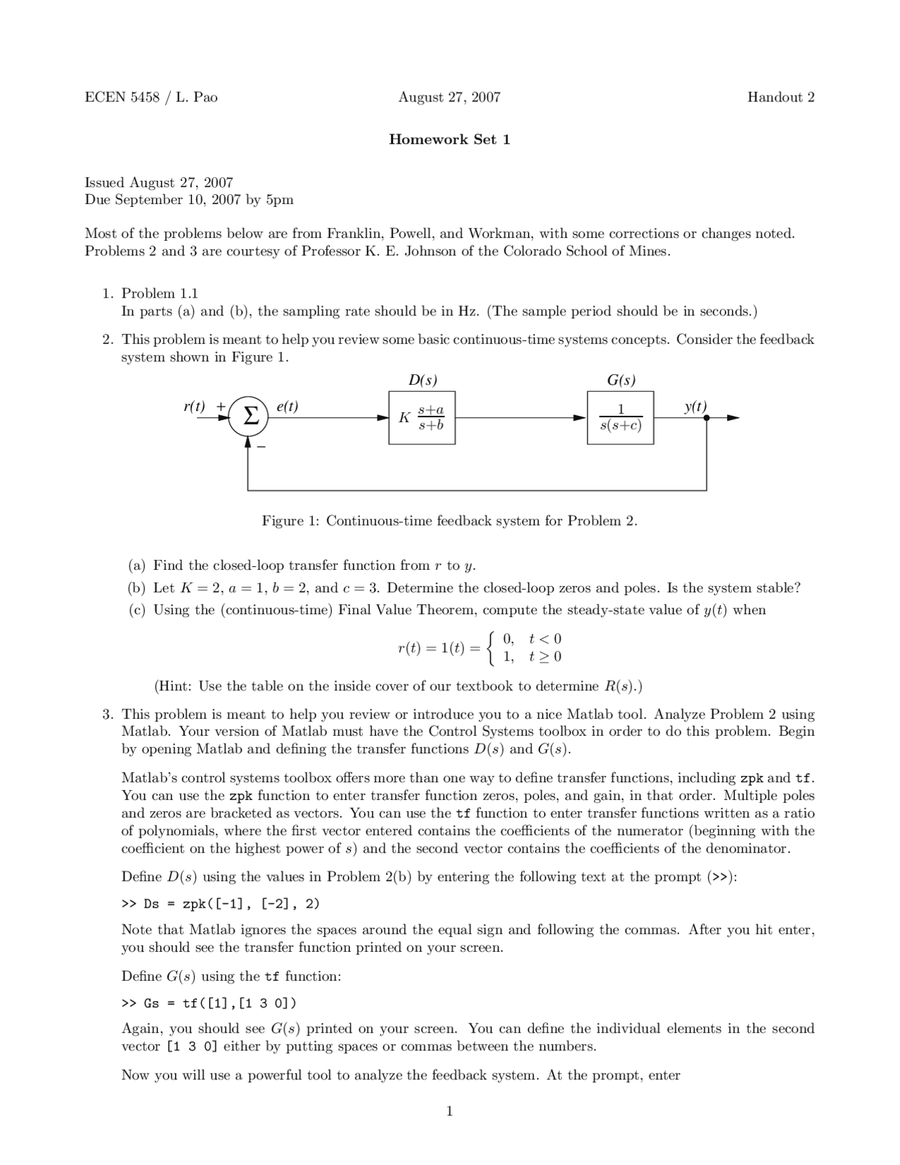 Homework Set 1 Problems Sampled Data And Digital Control Systems