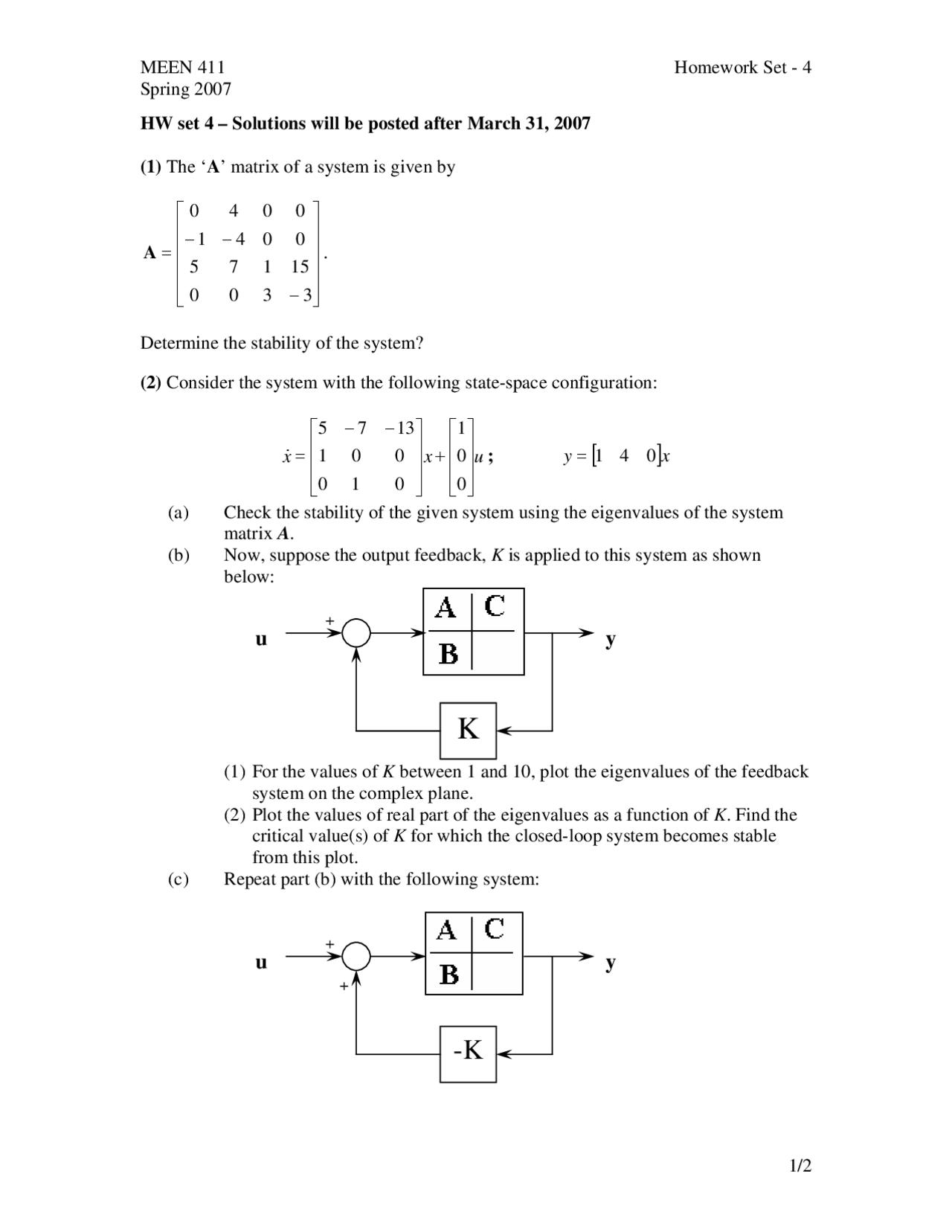 Homework Set 4 Questions - Mechanical Controls | MEEN 411 - Docsity