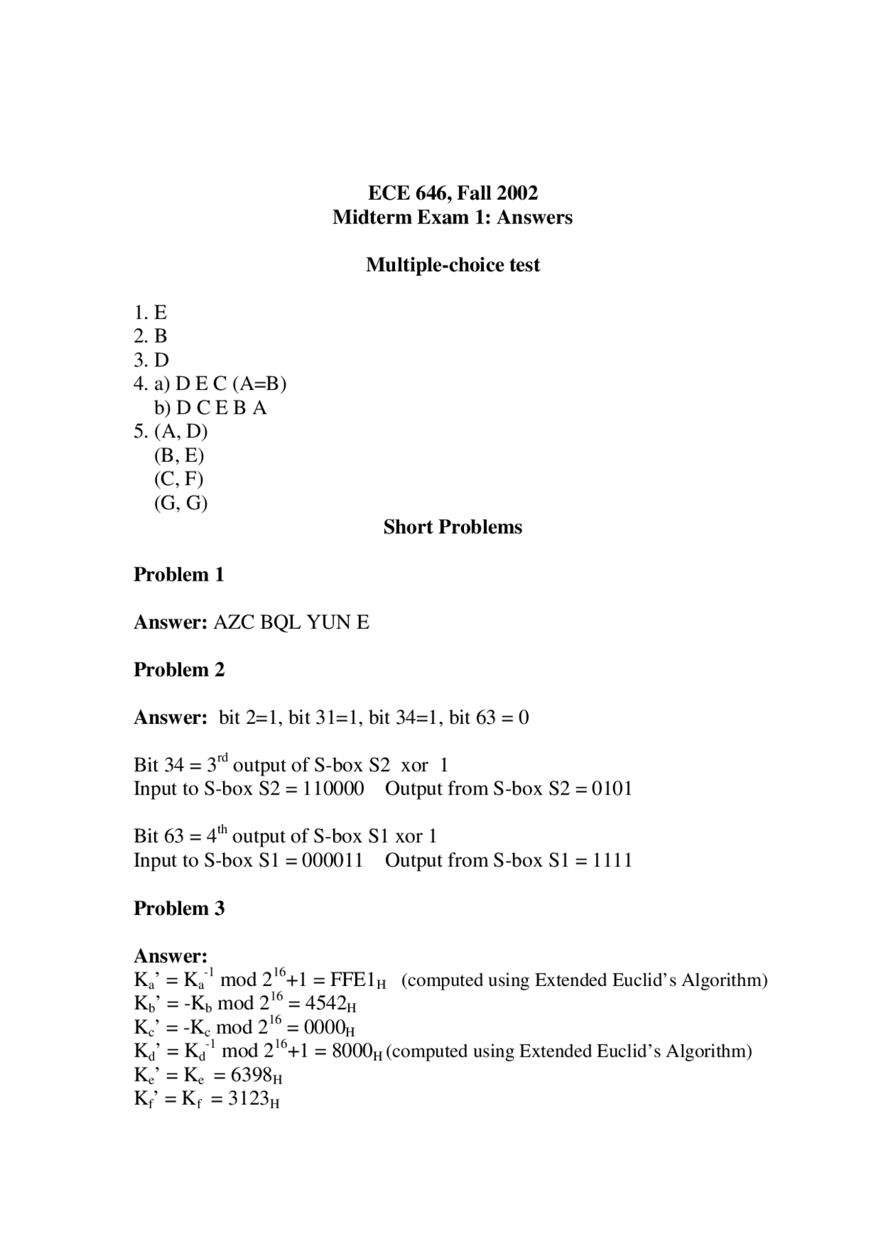 Midterm Exam 1 Answers Cryptography And Network Security Ece 646