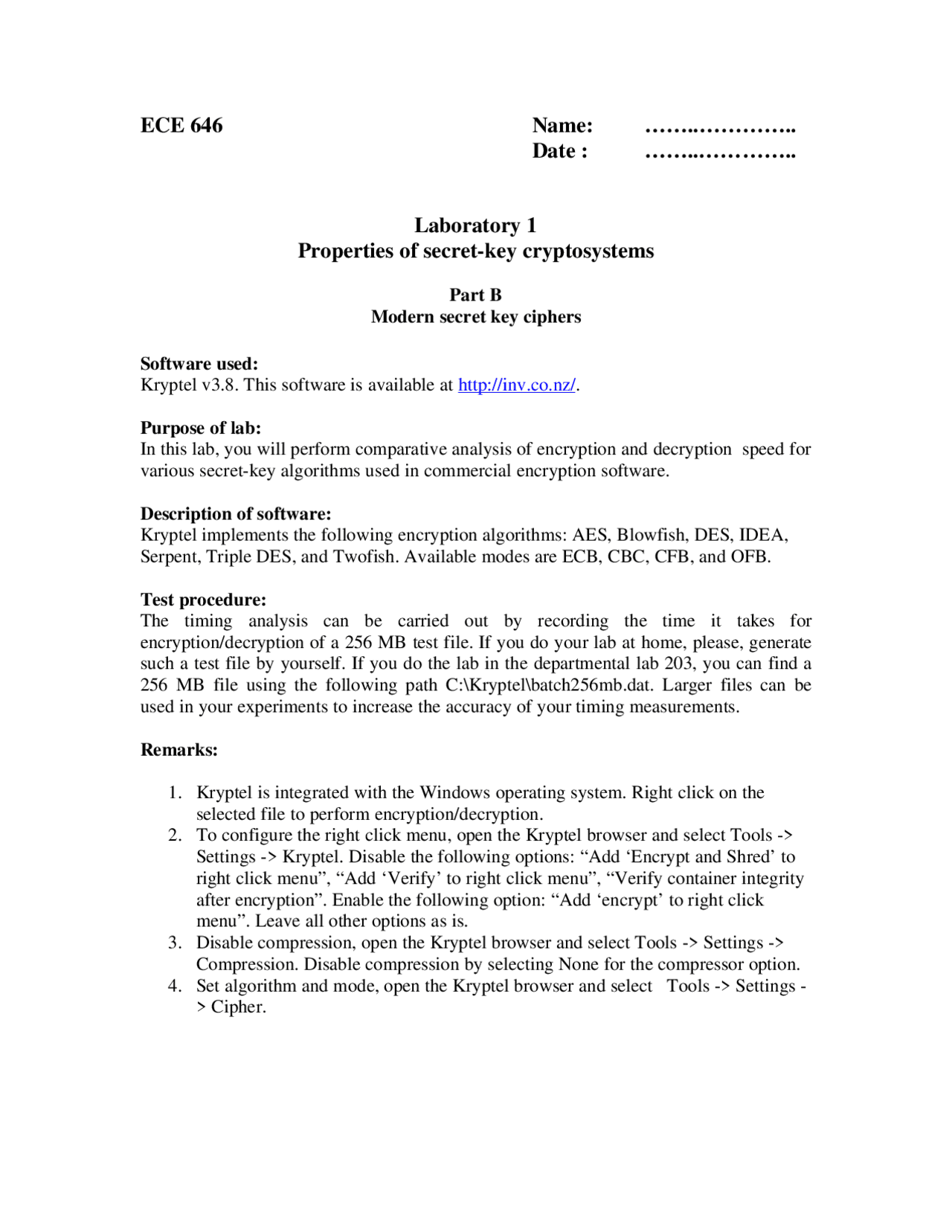 Lab 1 for Properties of Secret-Key Cryptosystems | ECE 646 - Docsity