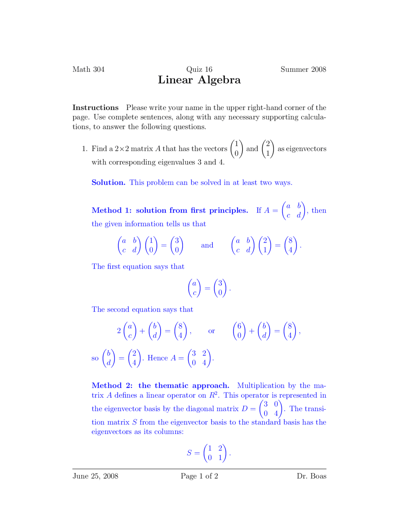 2 Questions With Solutions Linear Algebra Quiz 16 Math 304 Docsity