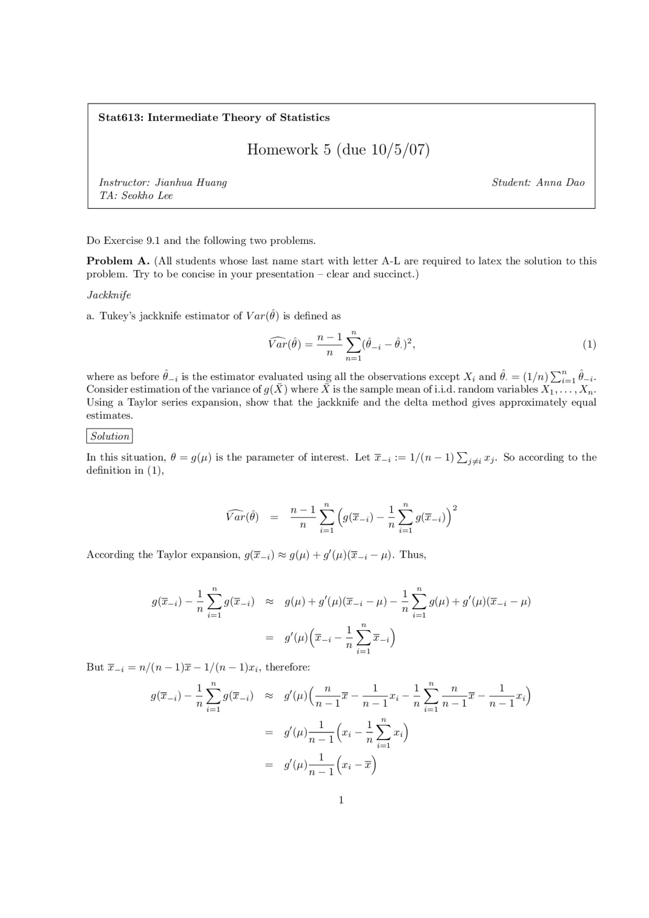 Homework 5 Solutions Statistical Methodology I Stat 613 Docsity