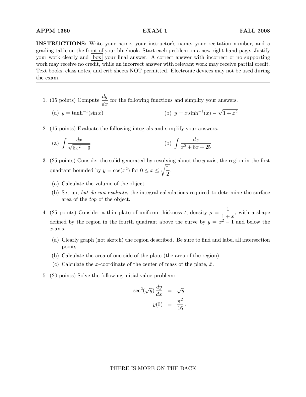 4 Questions For Exam 1 Calculus 2 For Engineers Appm 1360 Docsity