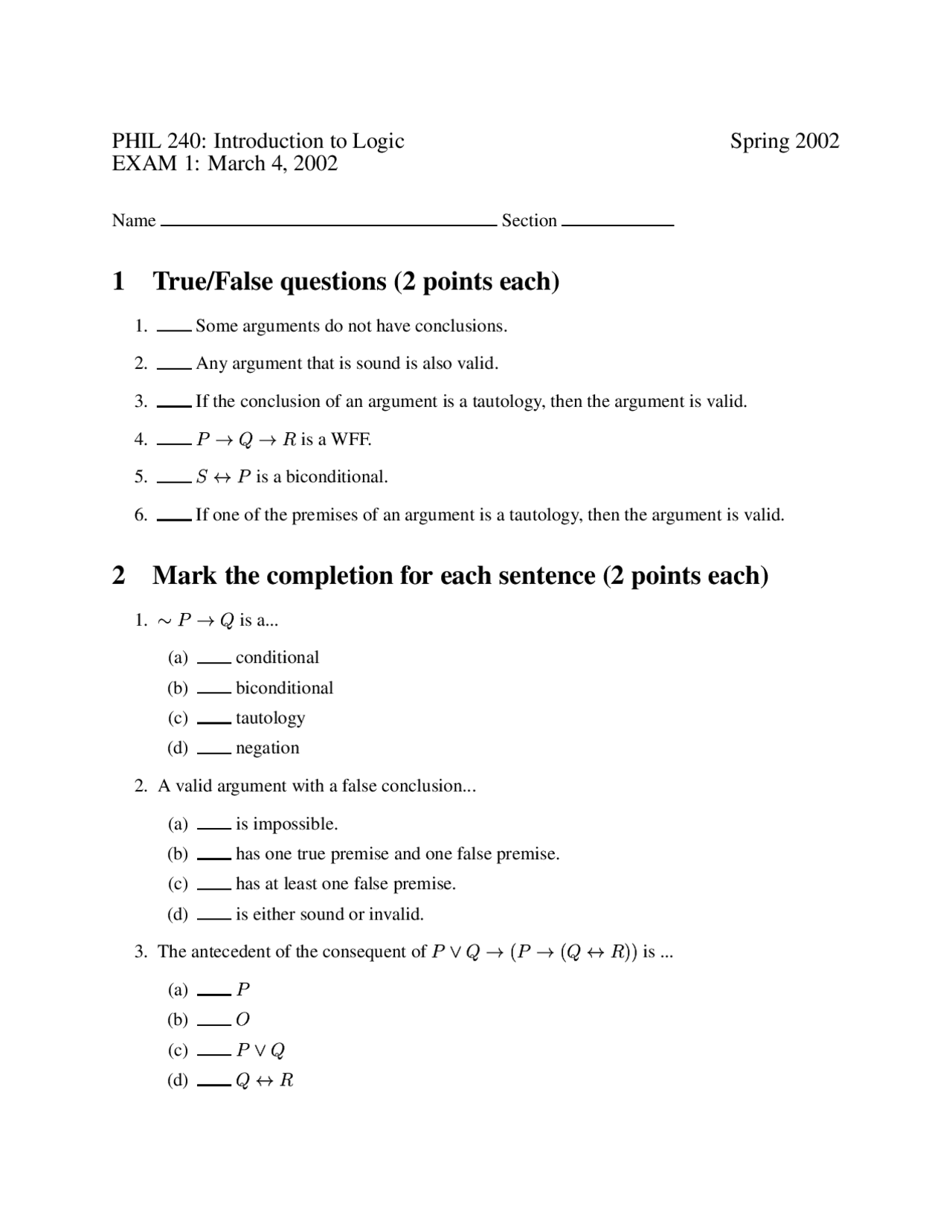 Exam 1 Spring 2002 Introduction To Logic For Honors Phil 240