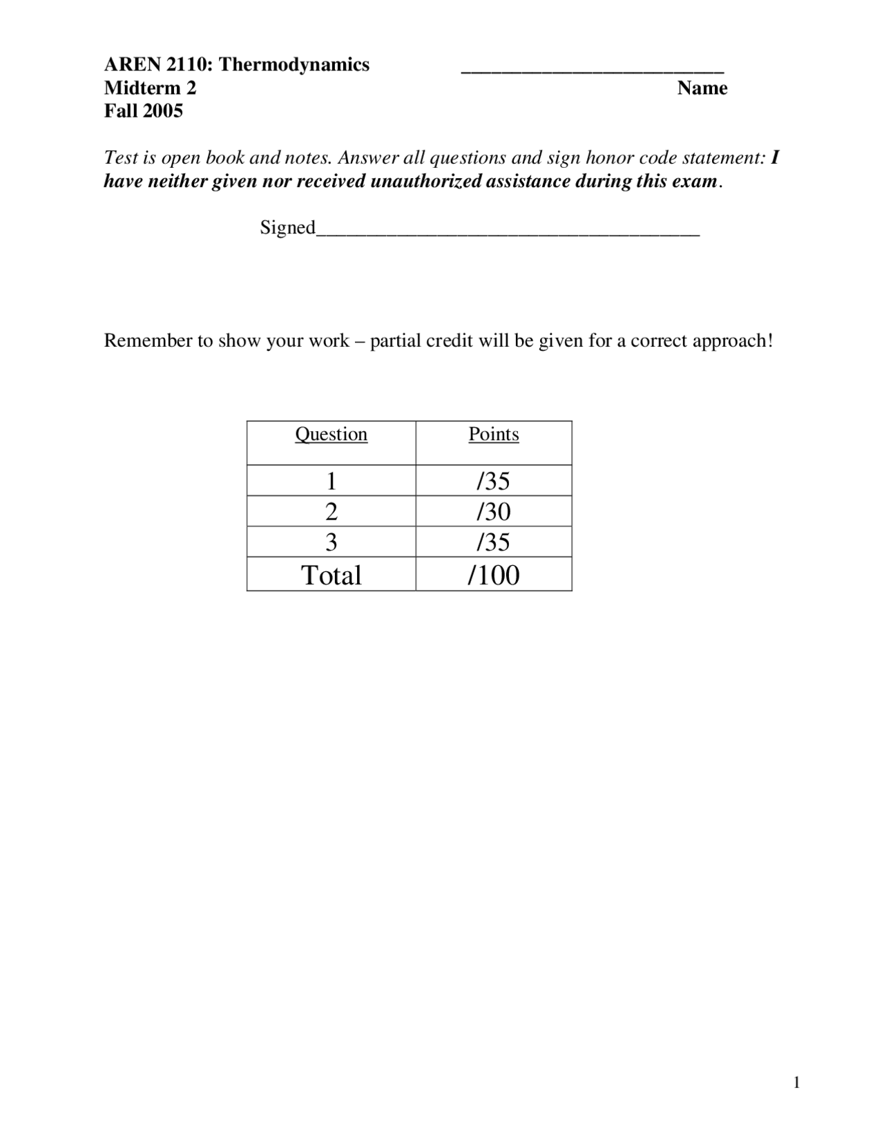 3 Questions On Thermodynamics Examination 2 Aren 2110 Docsity