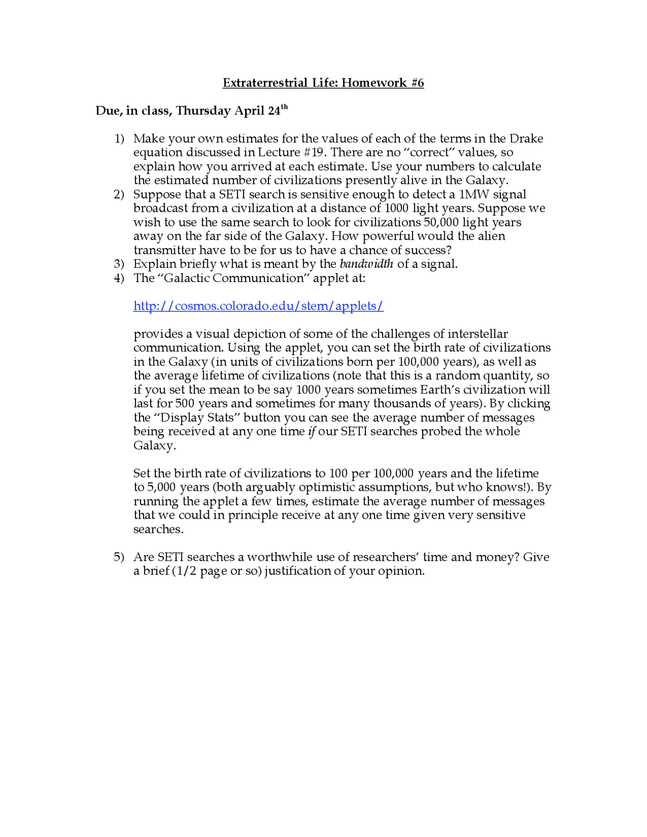 5 Questions On Extraterrestrial Life Assignment 6 Astr 3300 Docsity