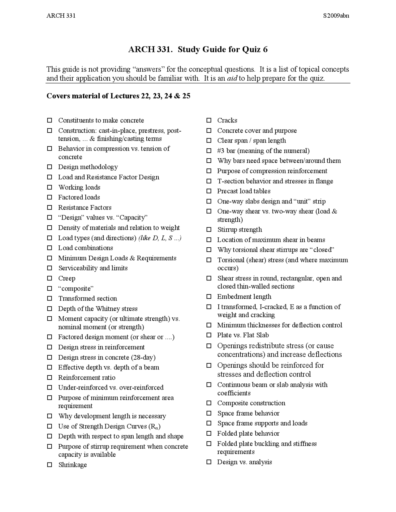 List Of Topical Concepts And Application Architectural Structures Arch 331 Docsity