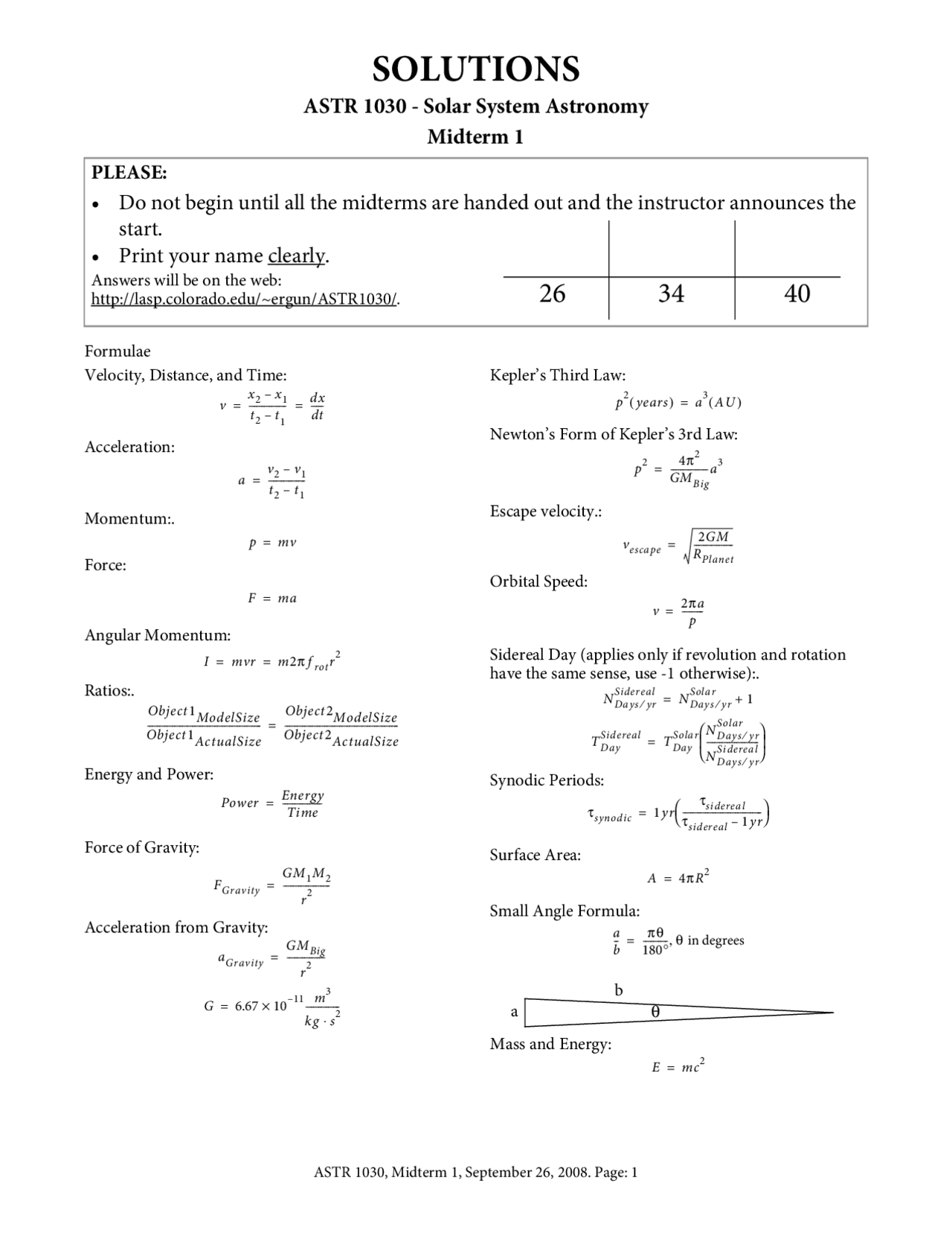 Midterm Exam 1 Questions With Solutions Solar System Astronomy Astr