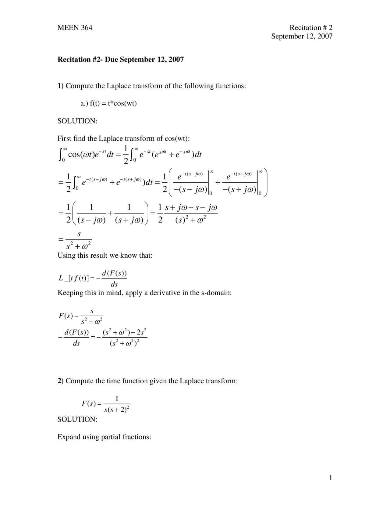 Stud Questions for Exam - Laplace Transform - Dynamic System and Control | MEEN 364 - Docsity