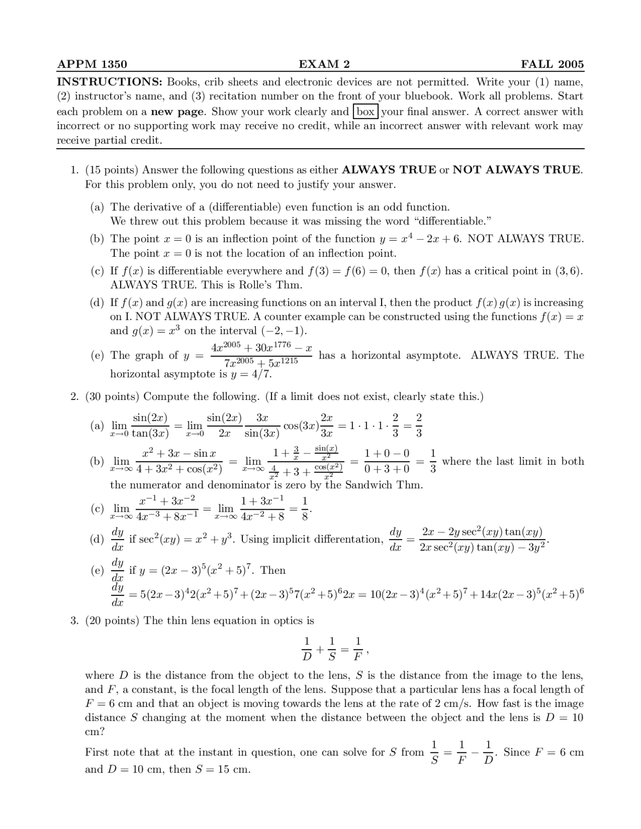 Calculus I For Engineers Exam Ii Questions Appm 1350 Docsity