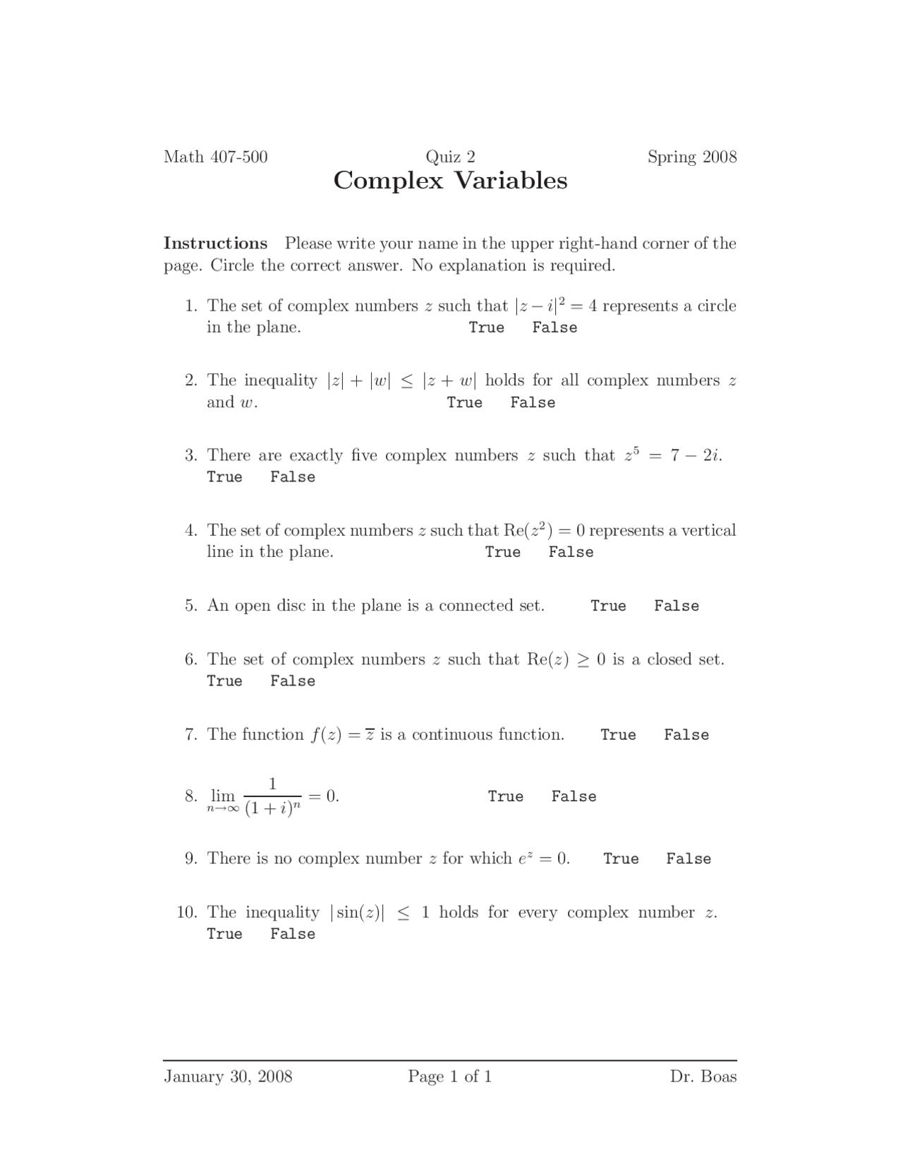 10 True Or False Questions Of Complex Variables Quiz 2 MATH 407 10-true-or-false-questions-of-complex-variables-quiz-2-math-407