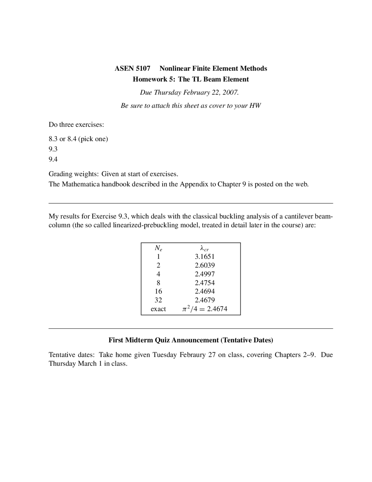 Homework 5 The Tl Beam Element Nonlinear Finite Element Methods Asen 5107 Docsity