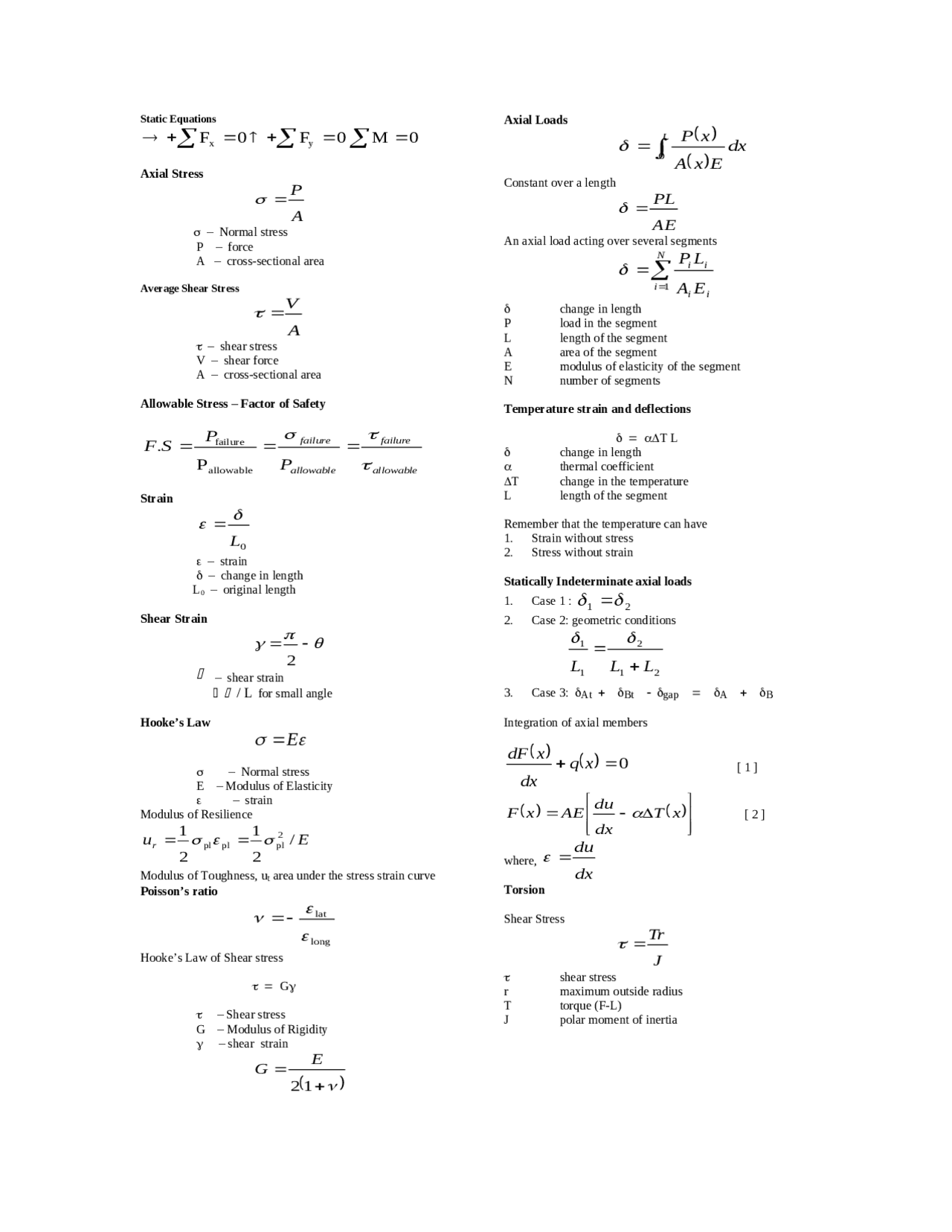 Static Equation Temperature Strain And Deflection Cven 305 Docsity