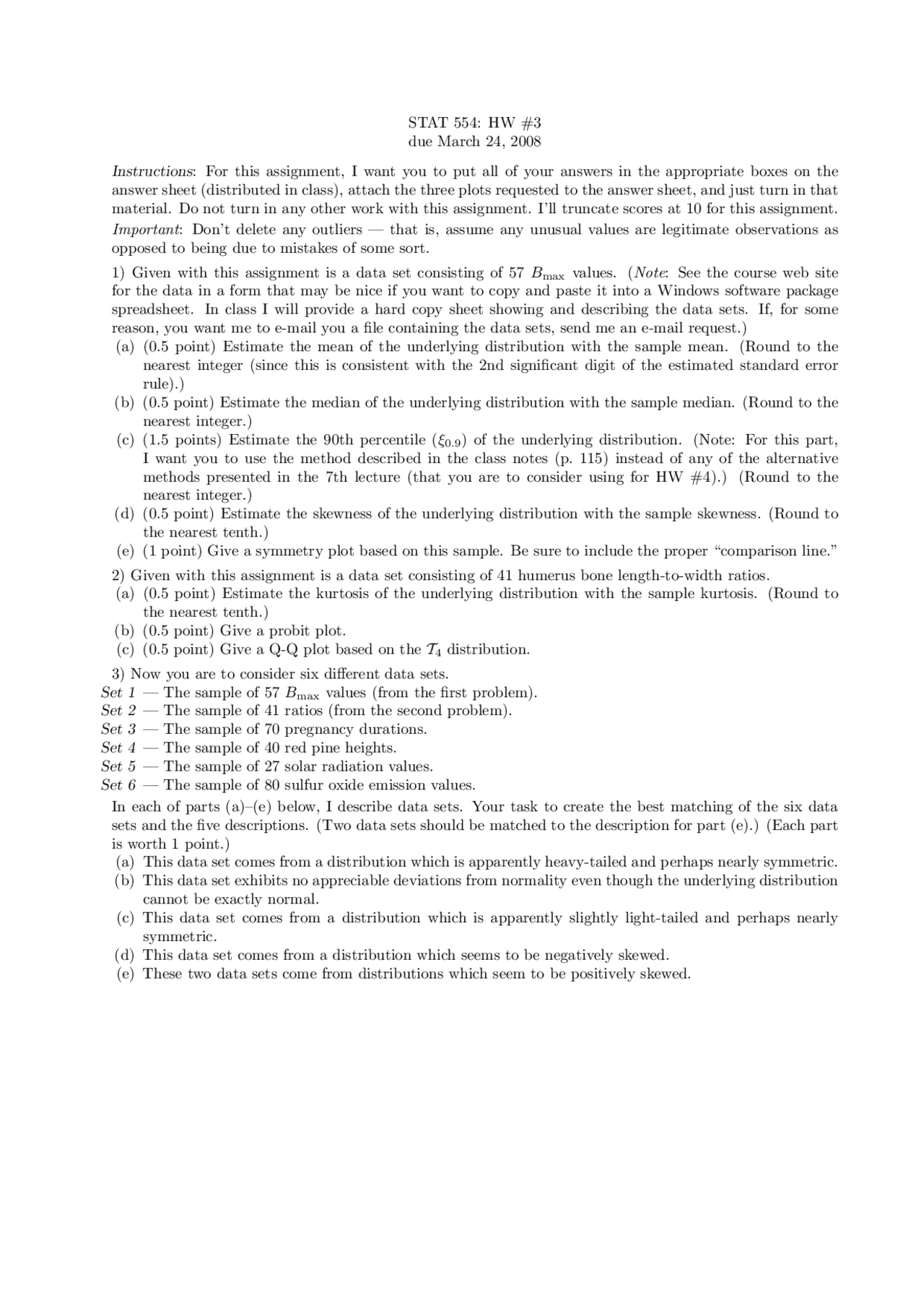 Homework 3 Questions Applied Statistics I Stat 554 Docsity