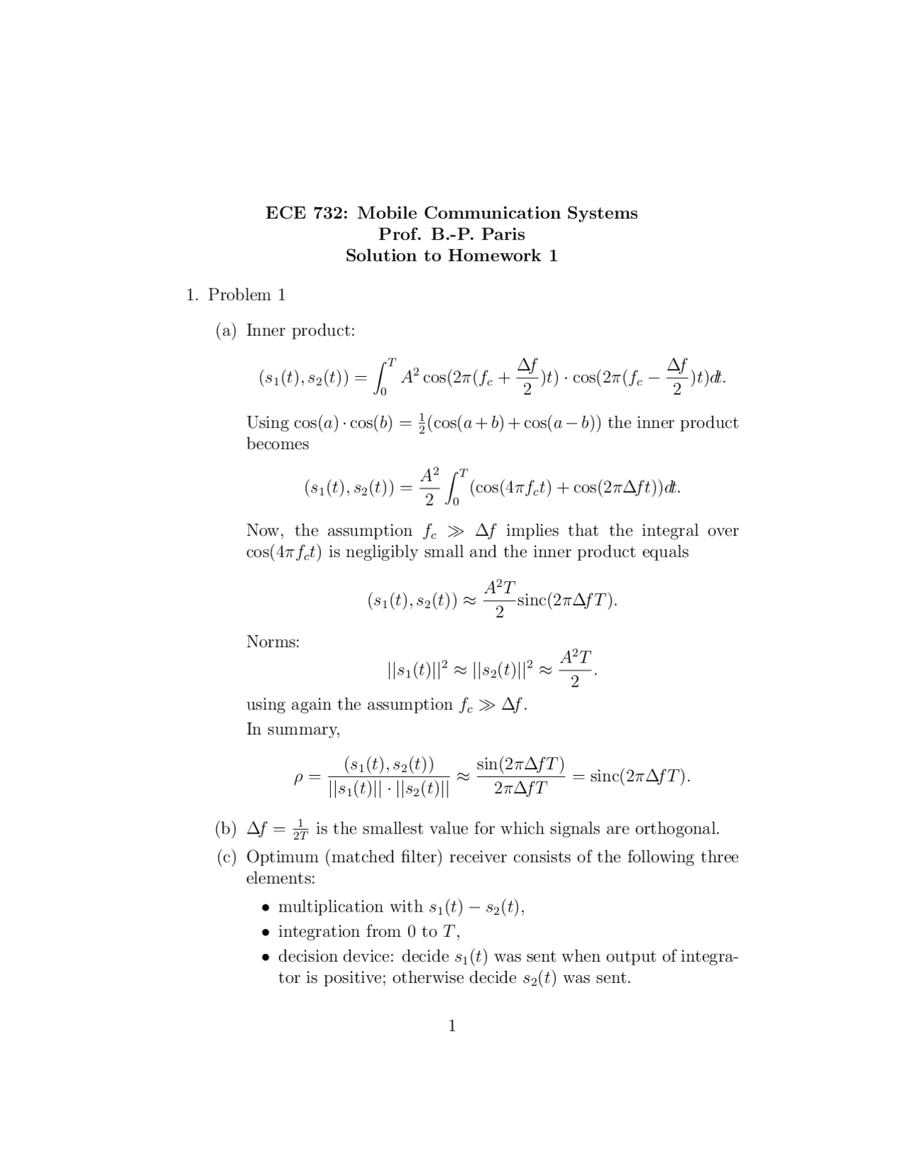 Solutions For Homework 1 Mobile Communication Systems Ece 732 Docsity