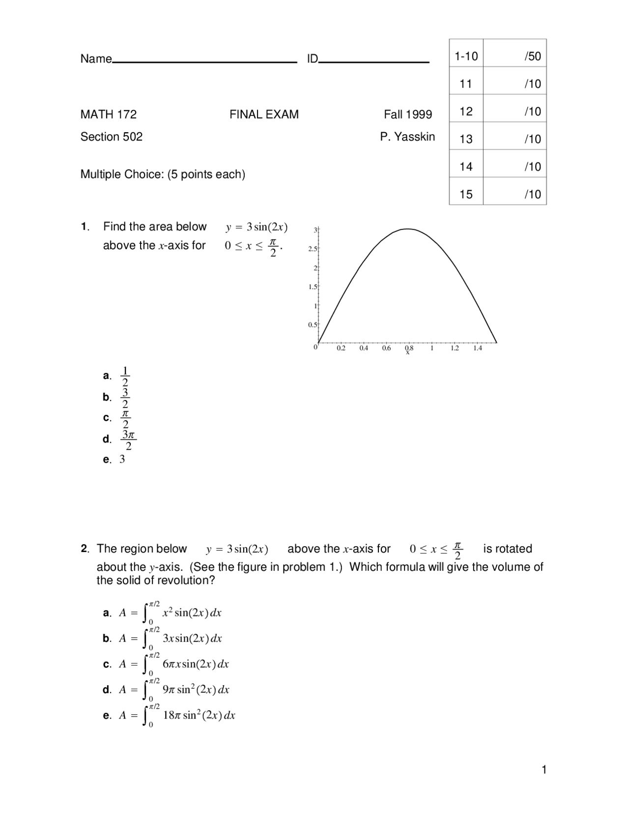 15 Questions With Solutions In Calculus Final Exam Math 172 Docsity